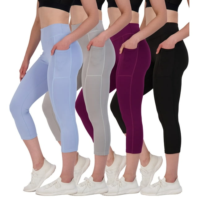 Real Essentials 4 Pack: Women's Capri Leggings with Pockets Casual Yoga ...
