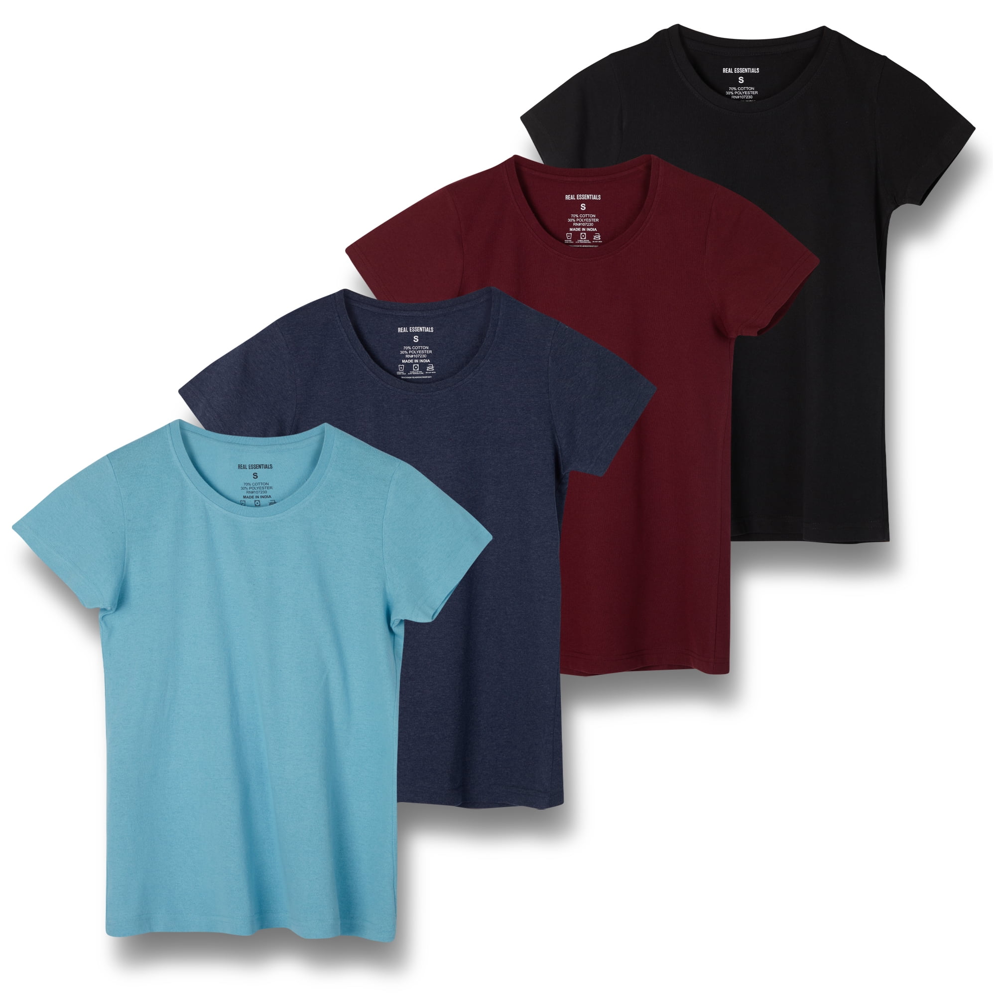 Real Essentials 4 Pack: Women's Cotton Crew Neck T-Shirts, Classic Fit ...