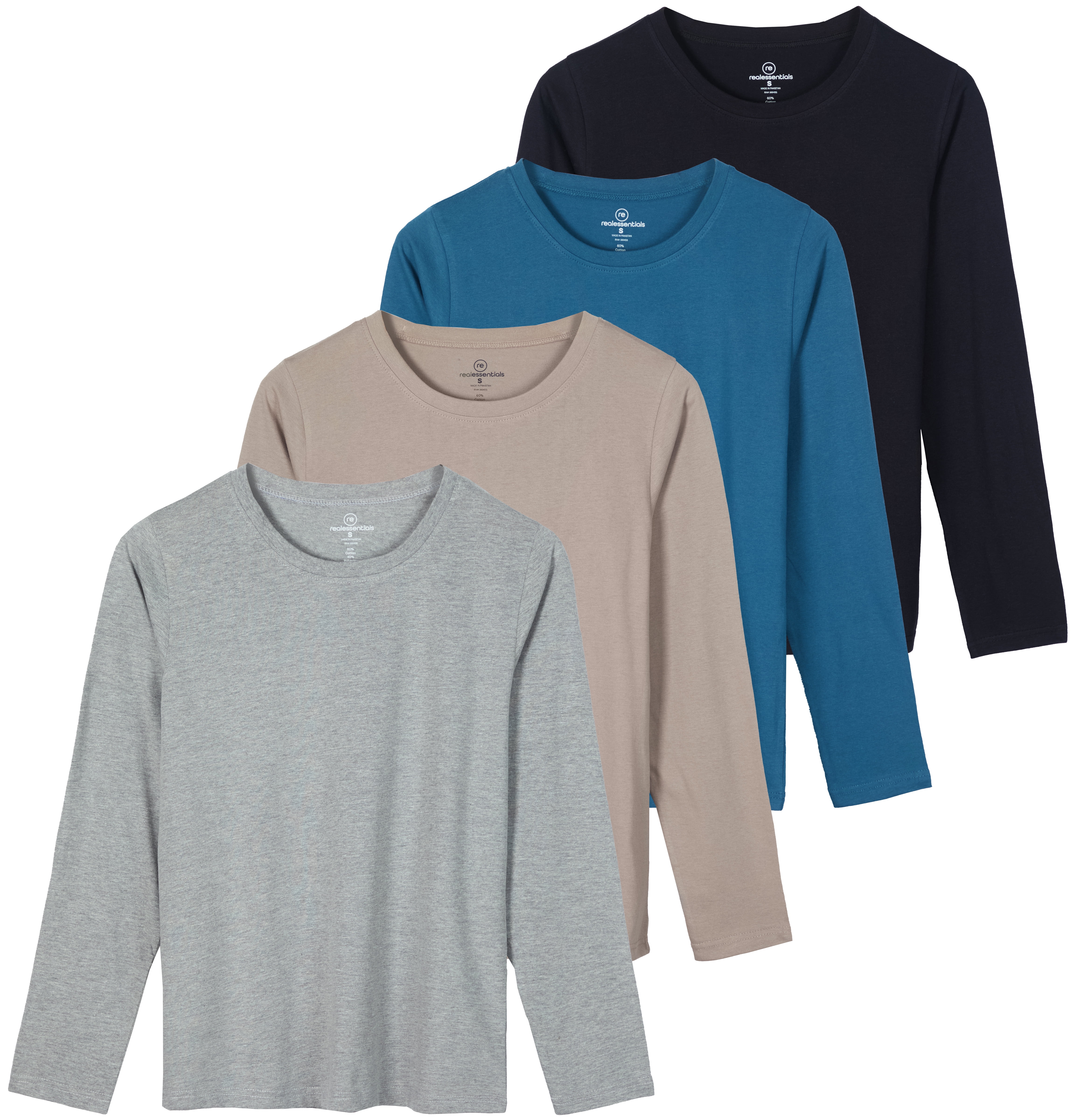 Real Essentials 4 Pack: Women's Cotton Classic-Fit Long-Sleeve Crewneck ...