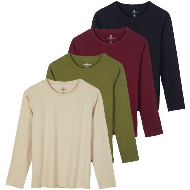 Real Essentials 4 Pack: Women's Cotton Classic-Fit Long-Sleeve Crewneck ...