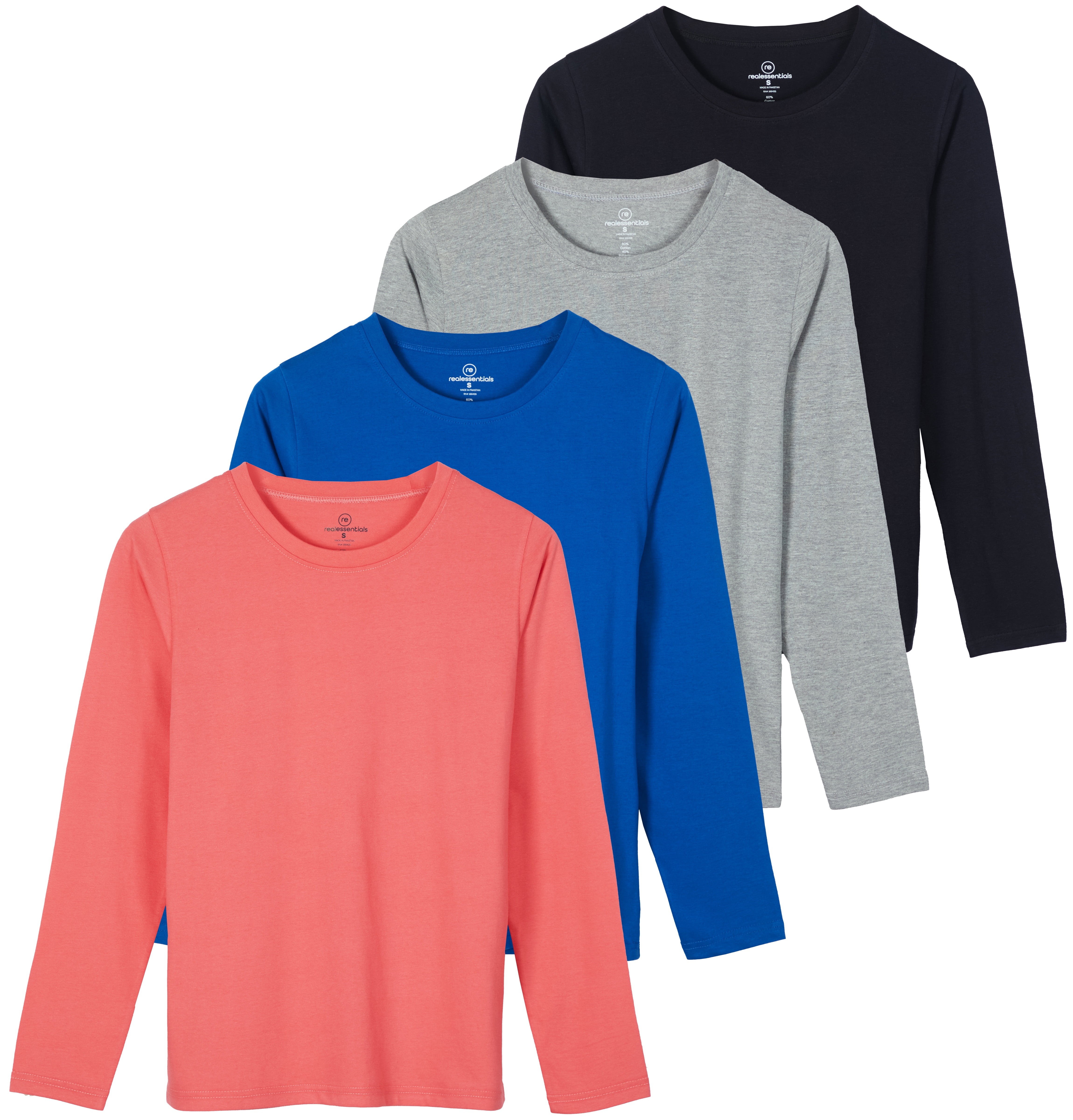 Real Essentials 4 Pack: Women's Cotton Classic-Fit Long-Sleeve Crewneck ...