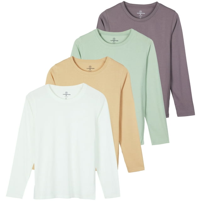 Real Essentials 4 Pack: Women's Cotton Classic-Fit Long-Sleeve Crewneck ...