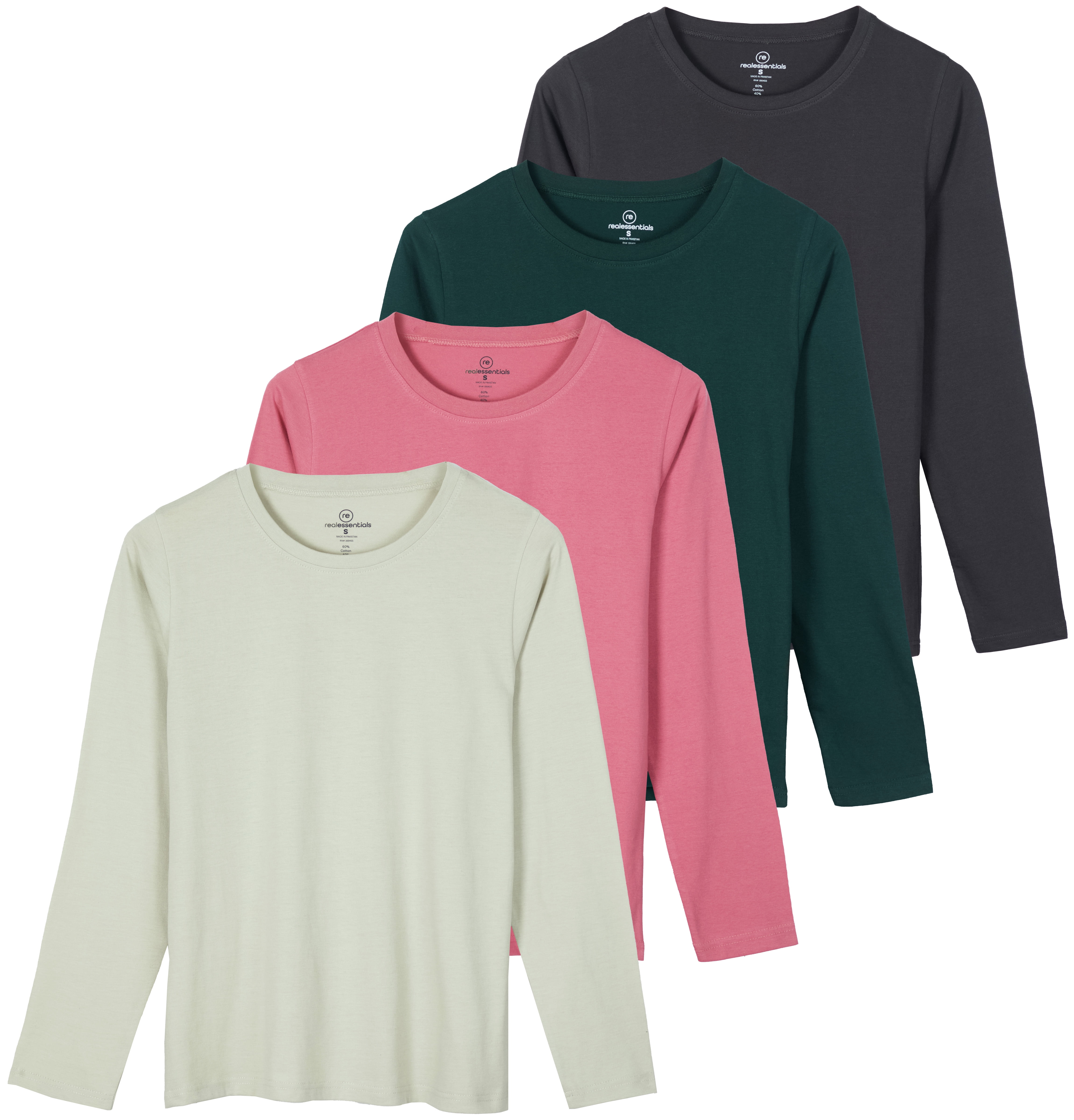 Real Essentials 4 Pack: Women's Cotton Classic-Fit Long-Sleeve Crewneck ...