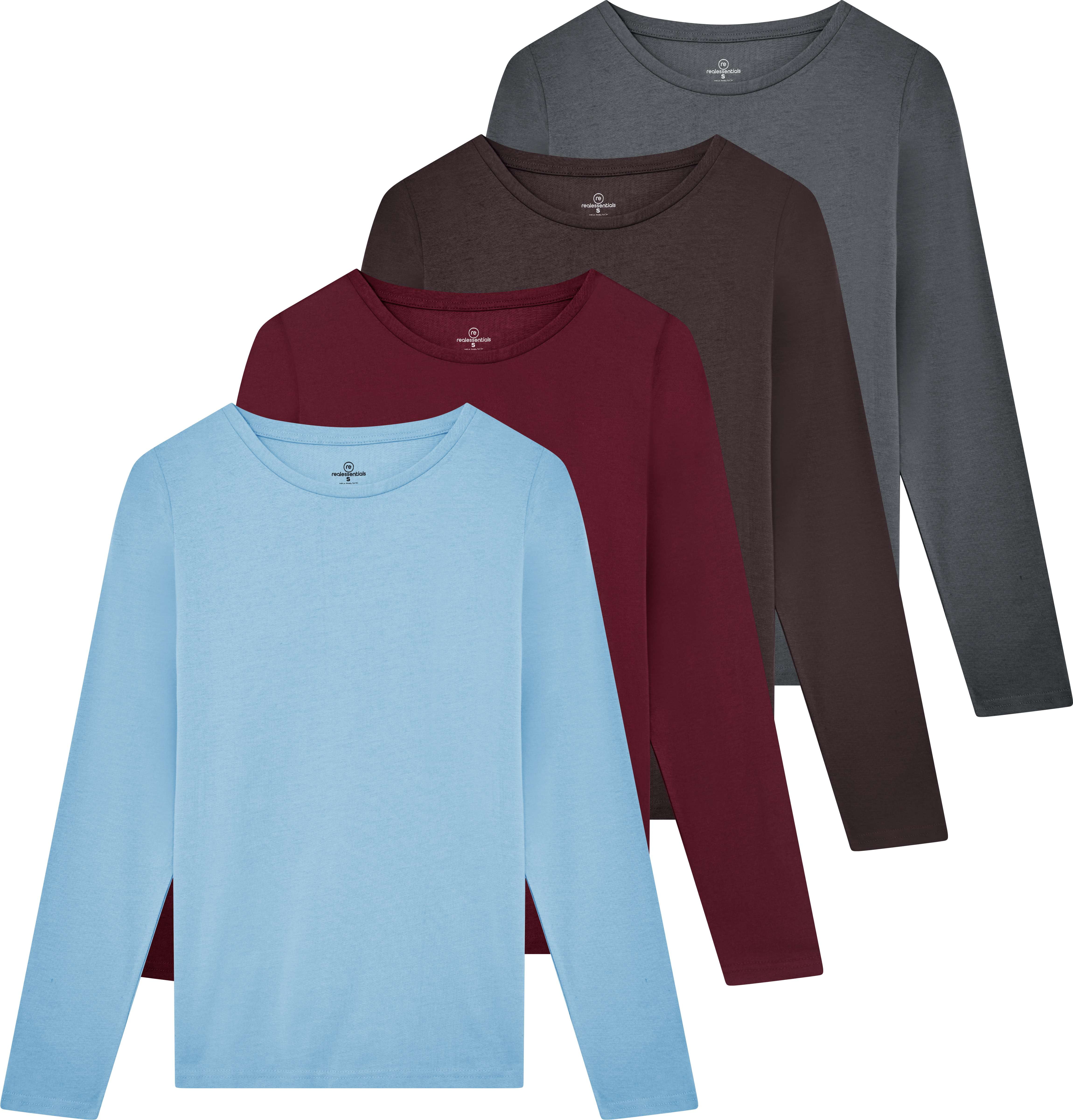 Real Essentials 4 Pack: Women's Cotton Classic-Fit Long-Sleeve Crewneck ...