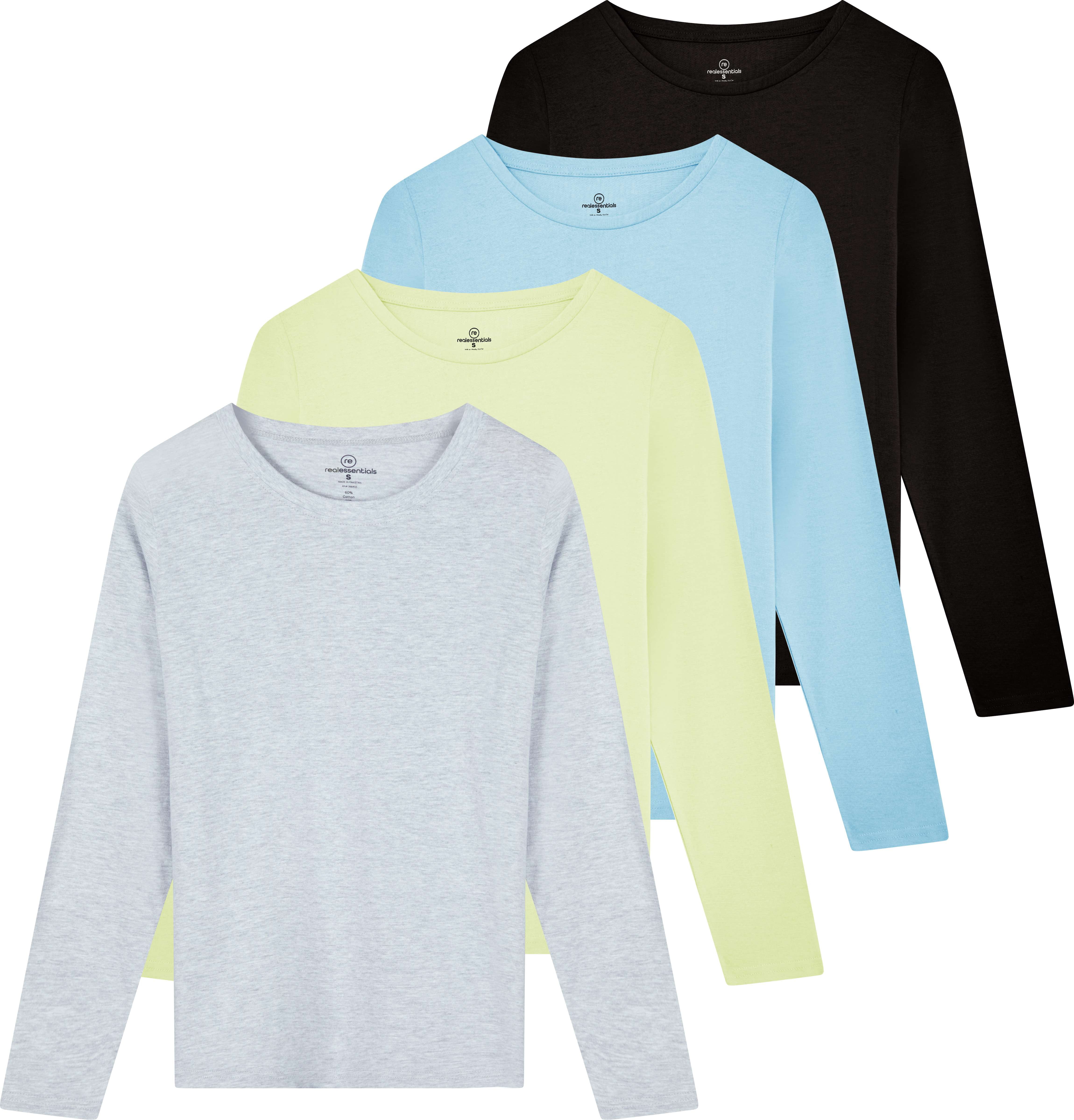 Real Essentials 4 Pack: Women's Cotton Classic-Fit Long-Sleeve Crewneck ...
