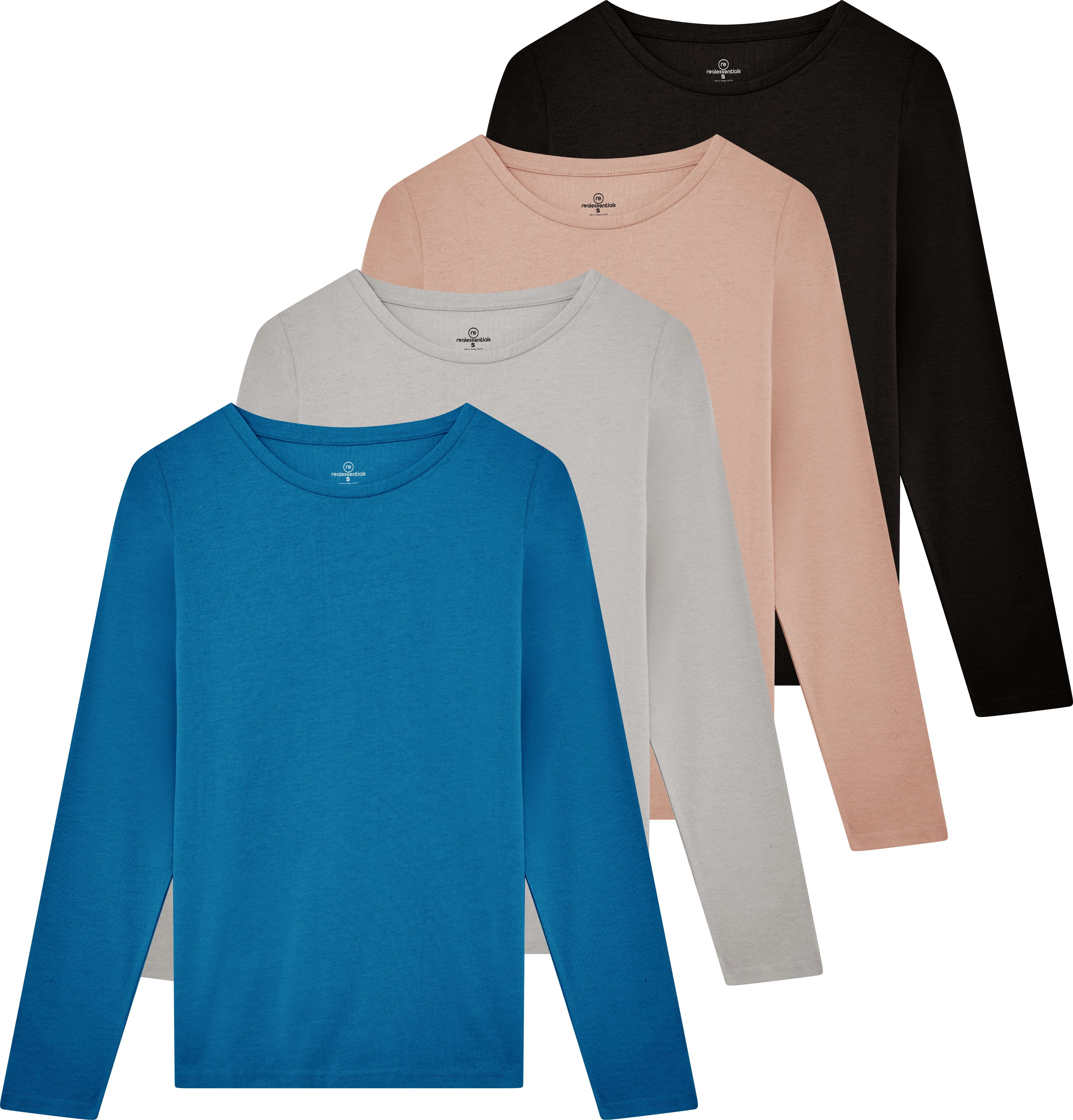 Real Essentials 4 Pack: Women's Cotton Classic-Fit Long-Sleeve Crewneck ...