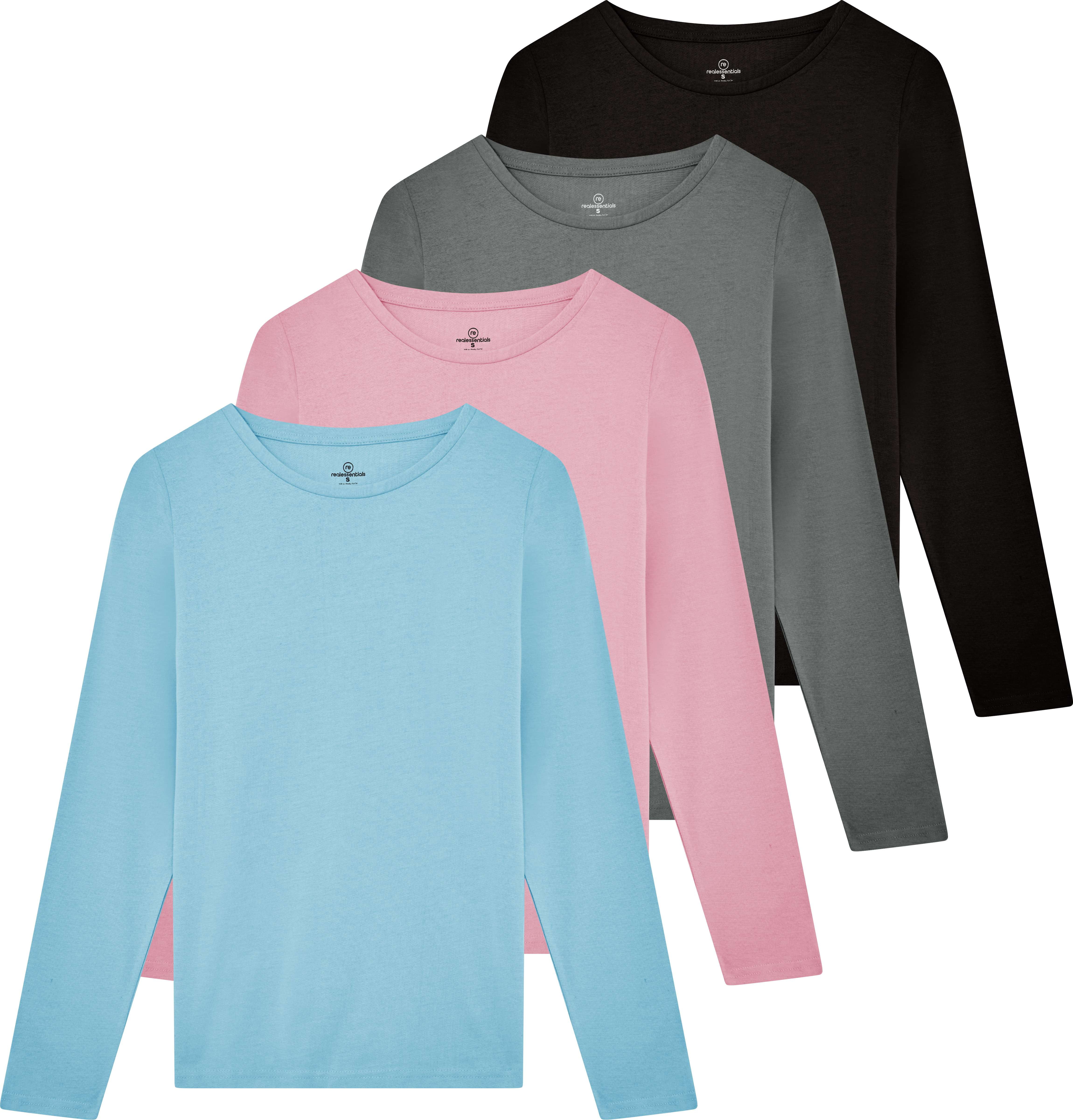 Real Essentials 4 Pack: Women's Cotton Classic-Fit Long-Sleeve Crewneck ...