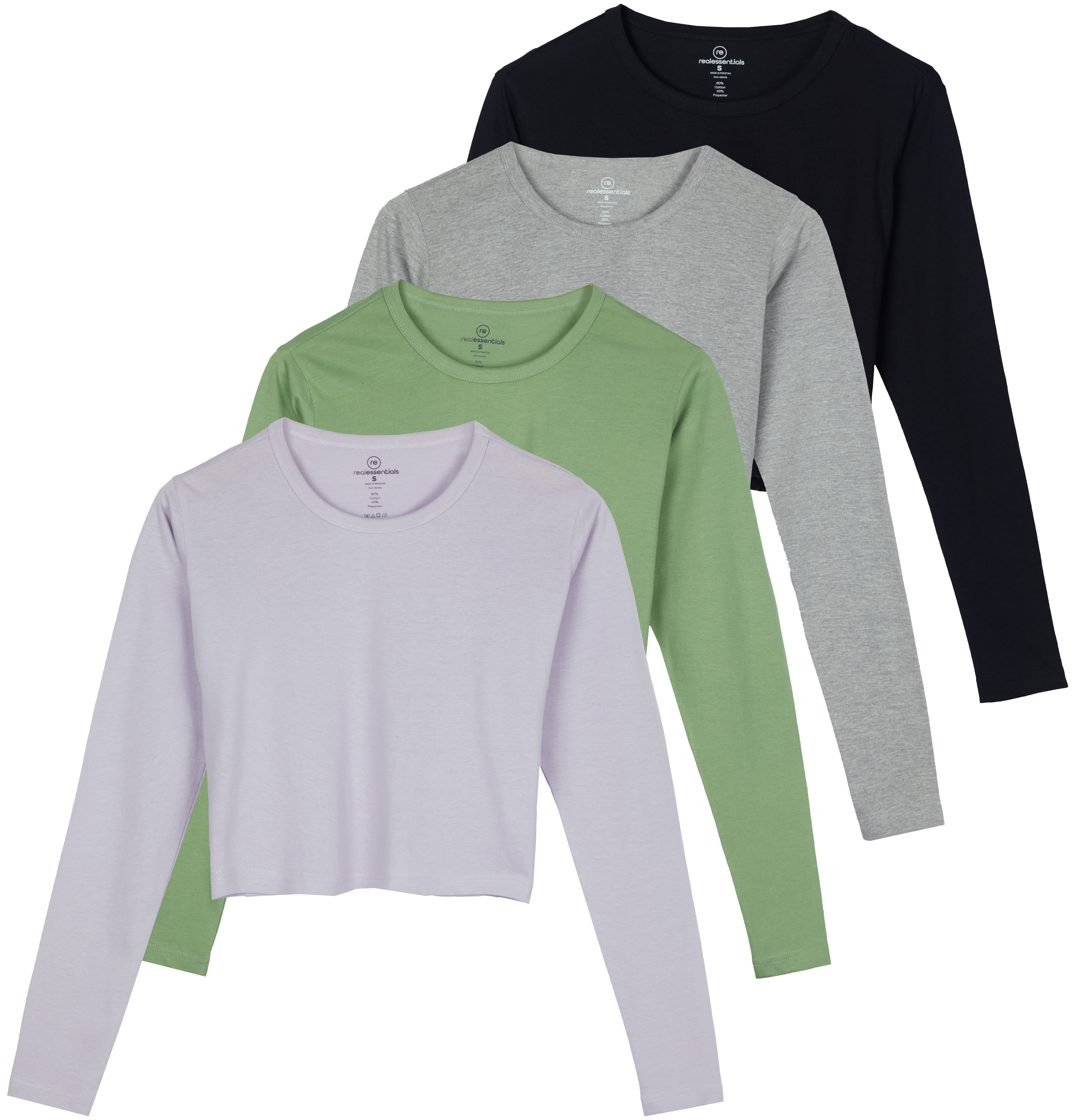 Real Essentials 4 Pack: Women's Cotton Long Sleeve Crew Crop Top ...