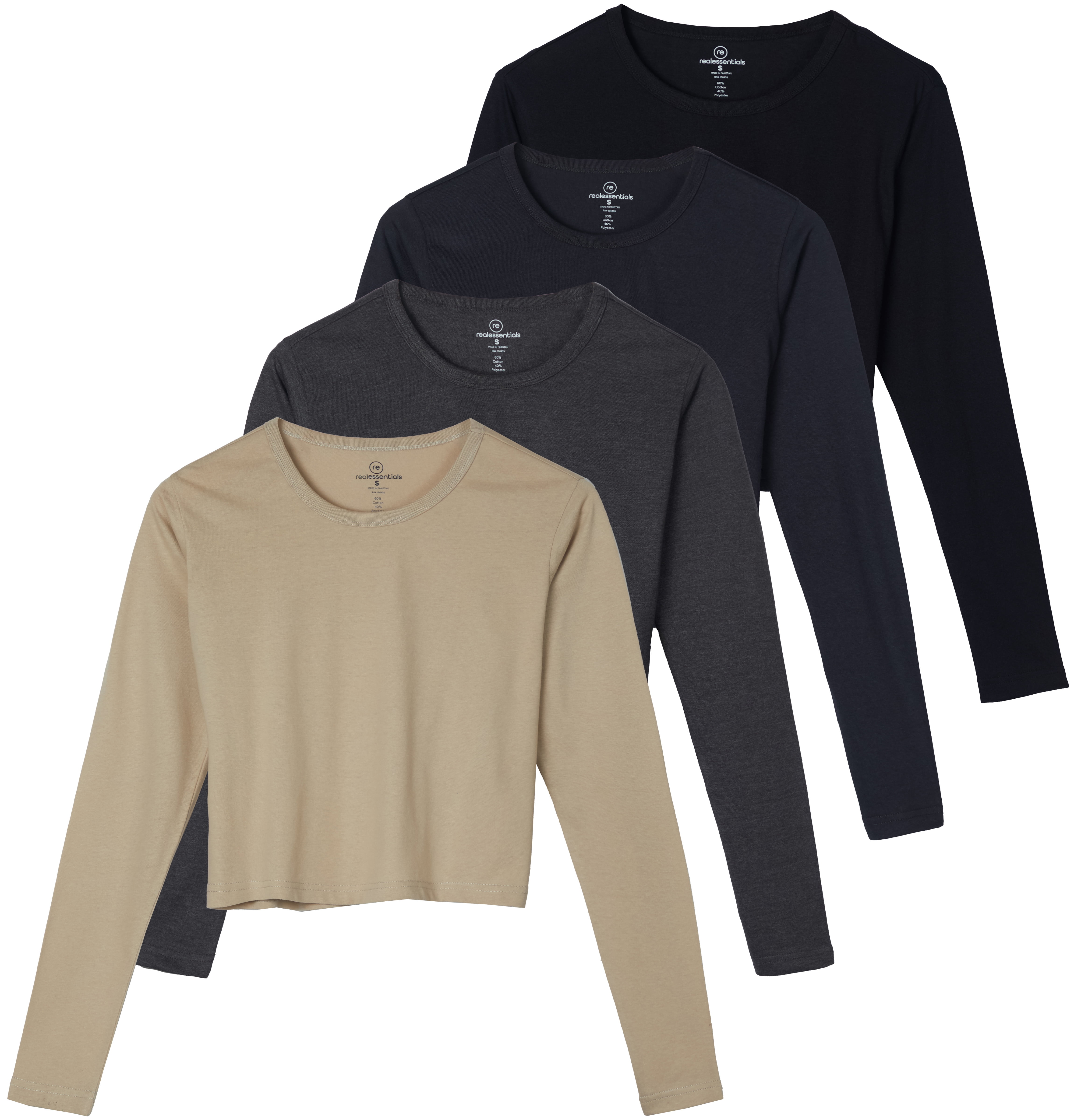Real Essentials 4 Pack: Women's Cotton Long Sleeve Crew Crop Top ...