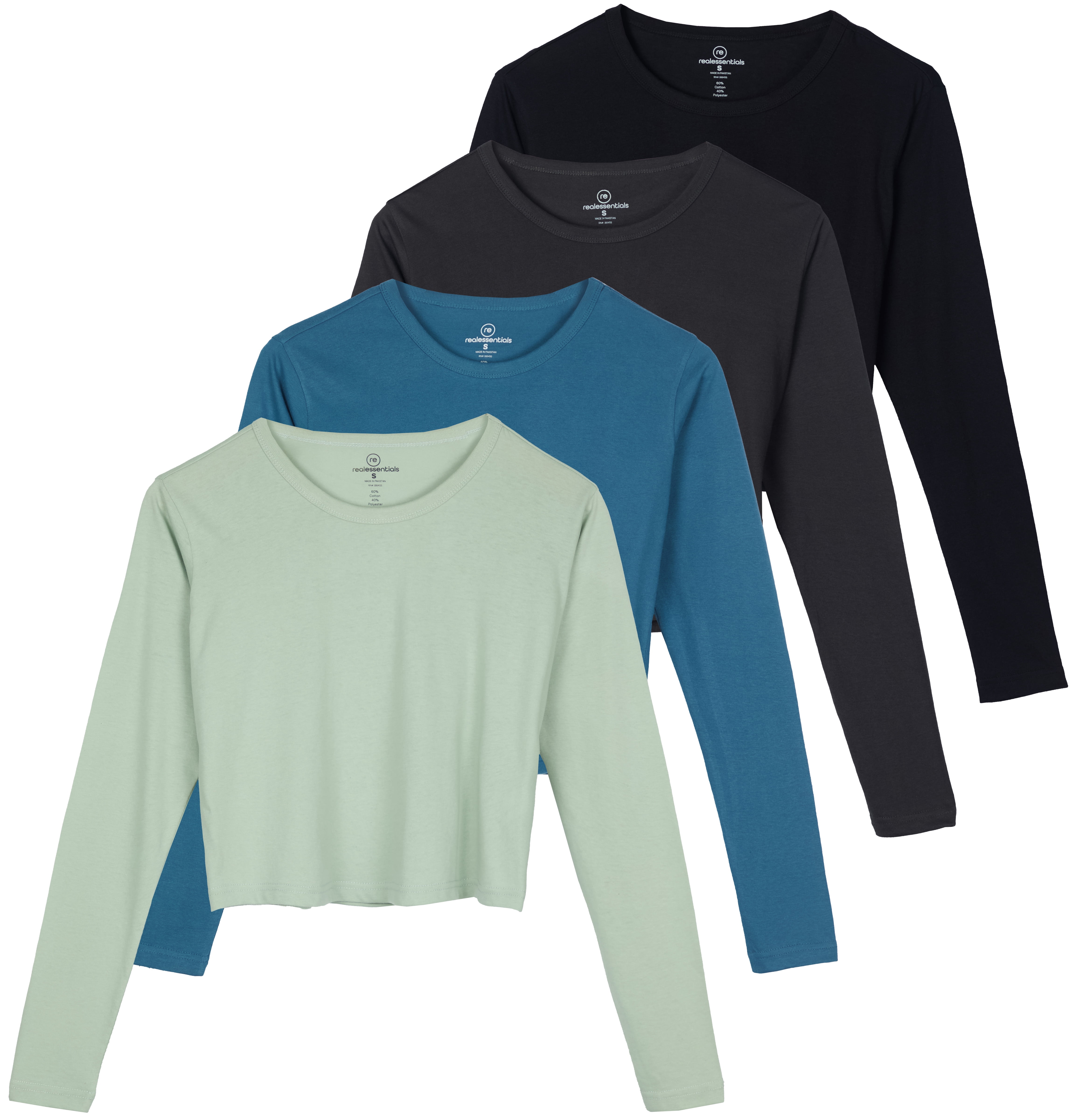 Real Essentials 4 Pack: Women's Cotton Long Sleeve Crew Crop Top ...