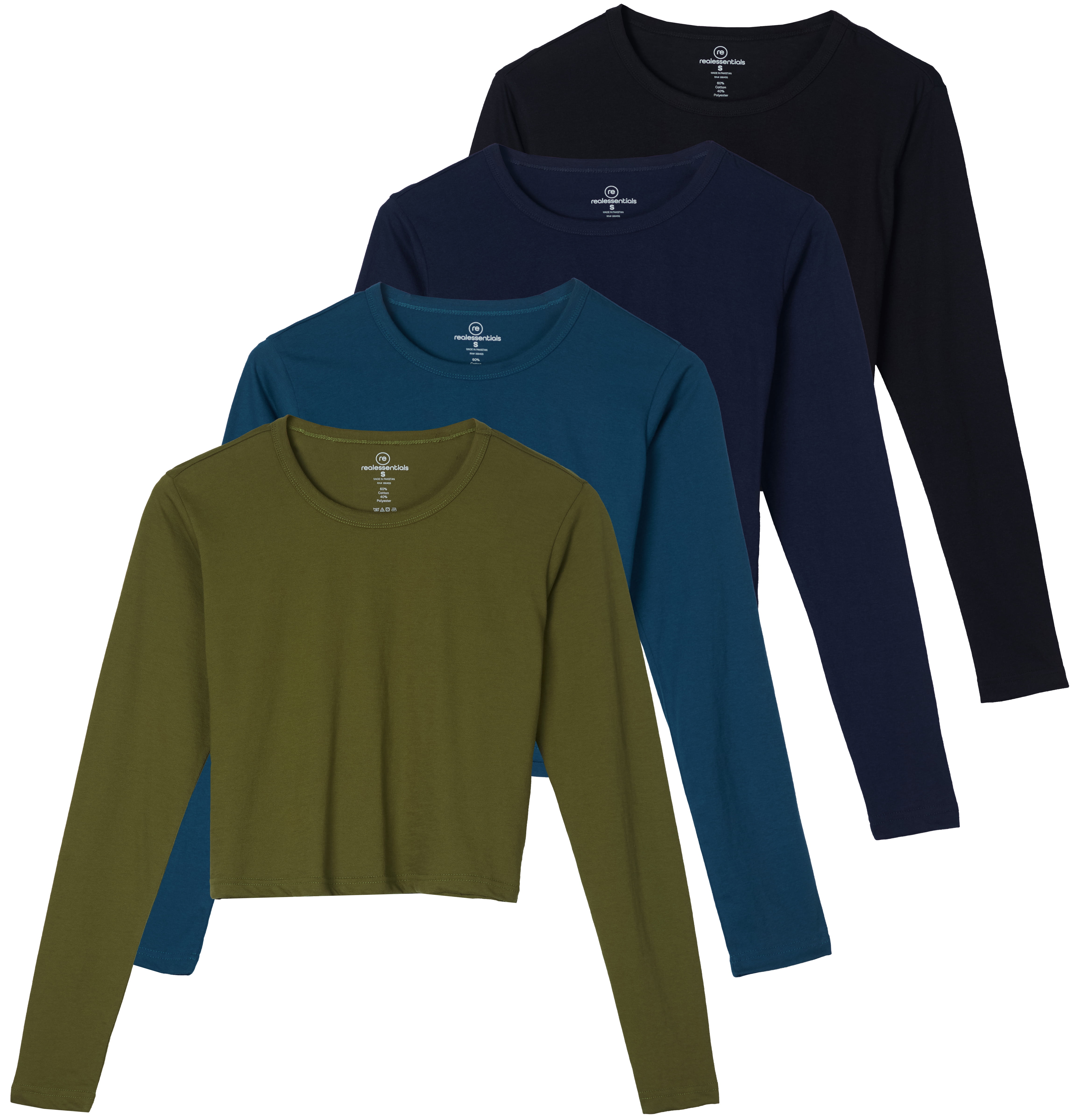 Real Essentials 4 Pack: Women's Cotton Long Sleeve Crew Crop Top ...