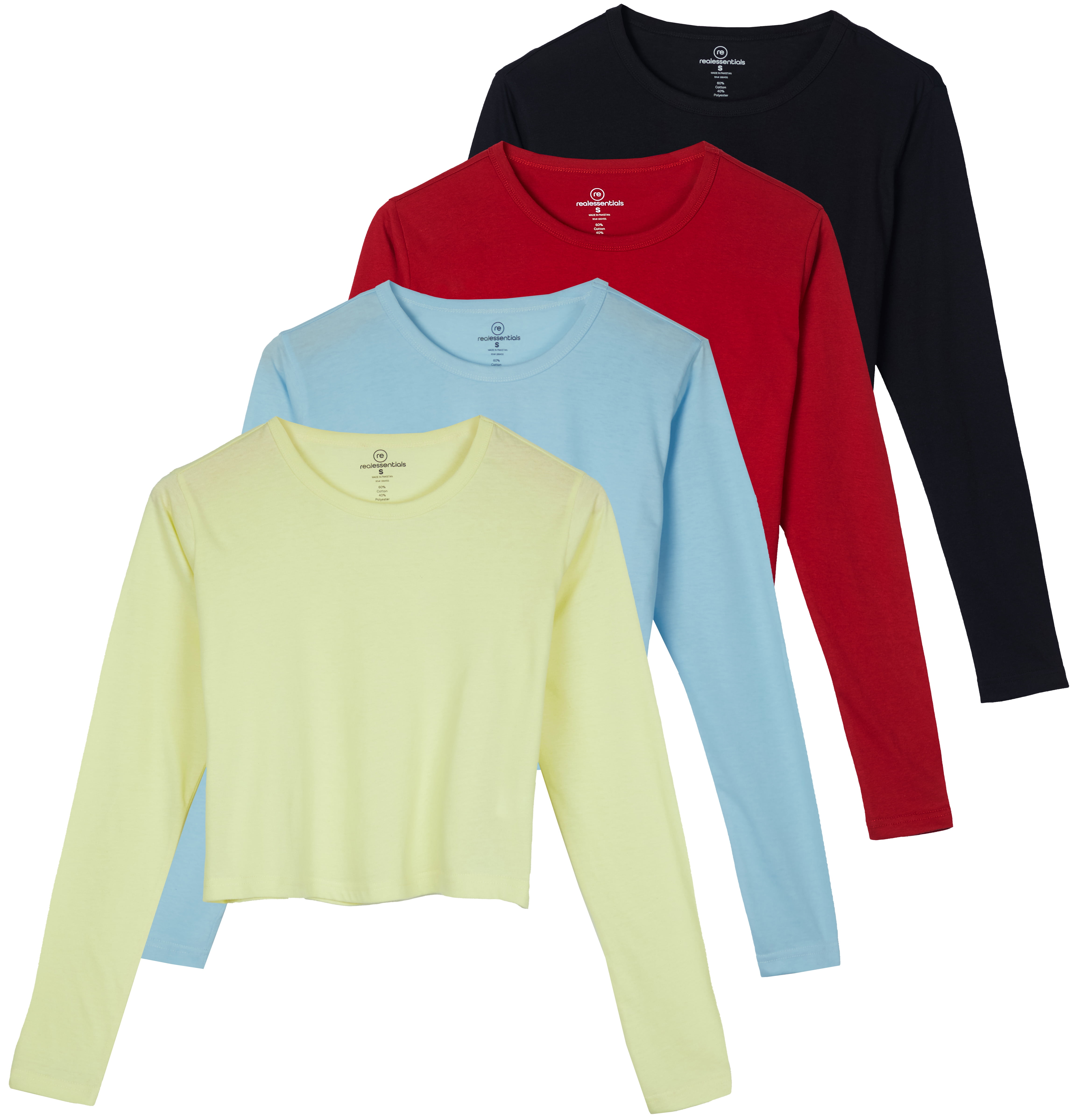 Real Essentials 4 Pack: Women's Cotton Long Sleeve Crew Crop Top ...