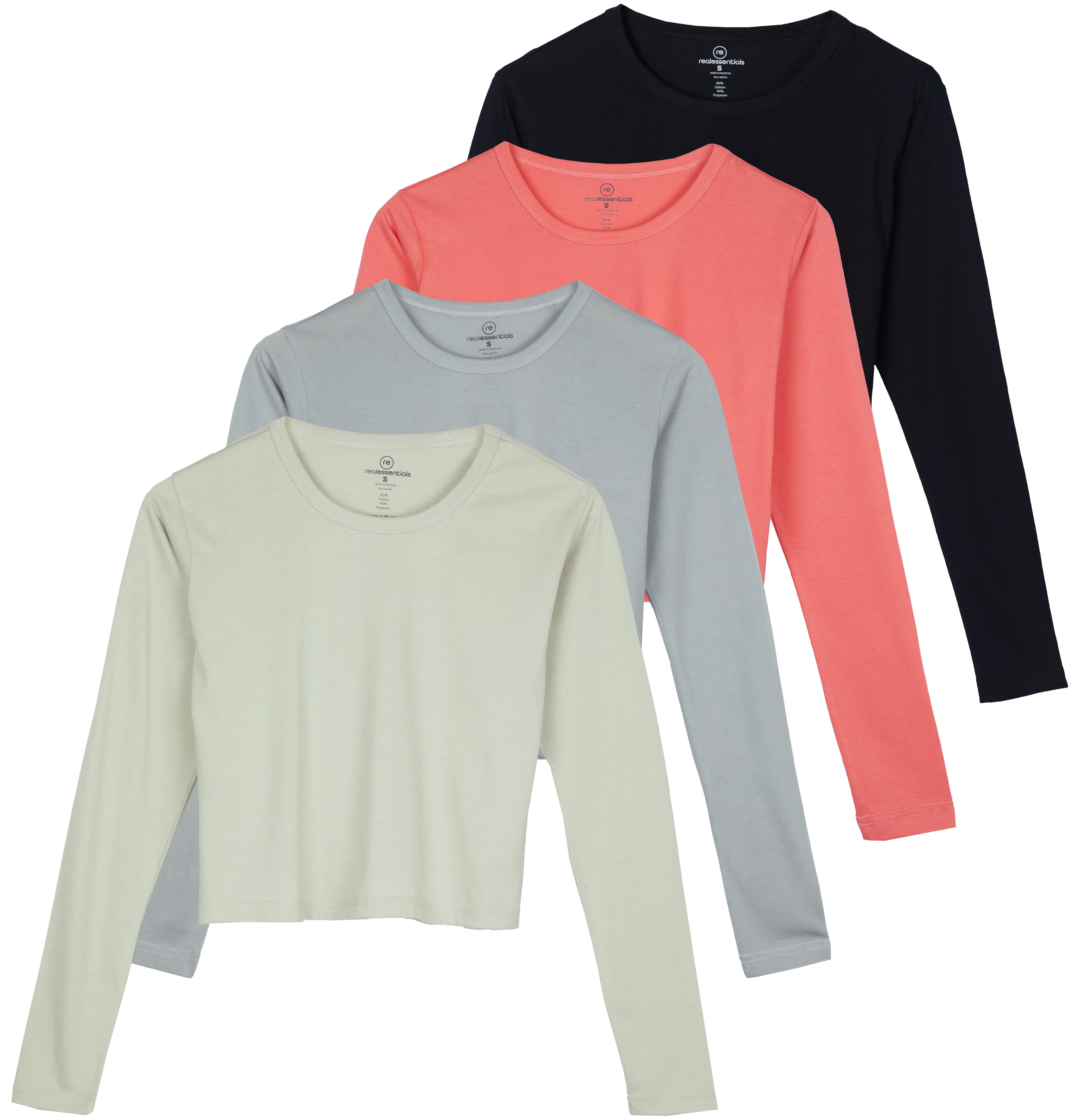 Real Essentials 4 Pack: Women's Cotton Long Sleeve Crew Crop Top ...
