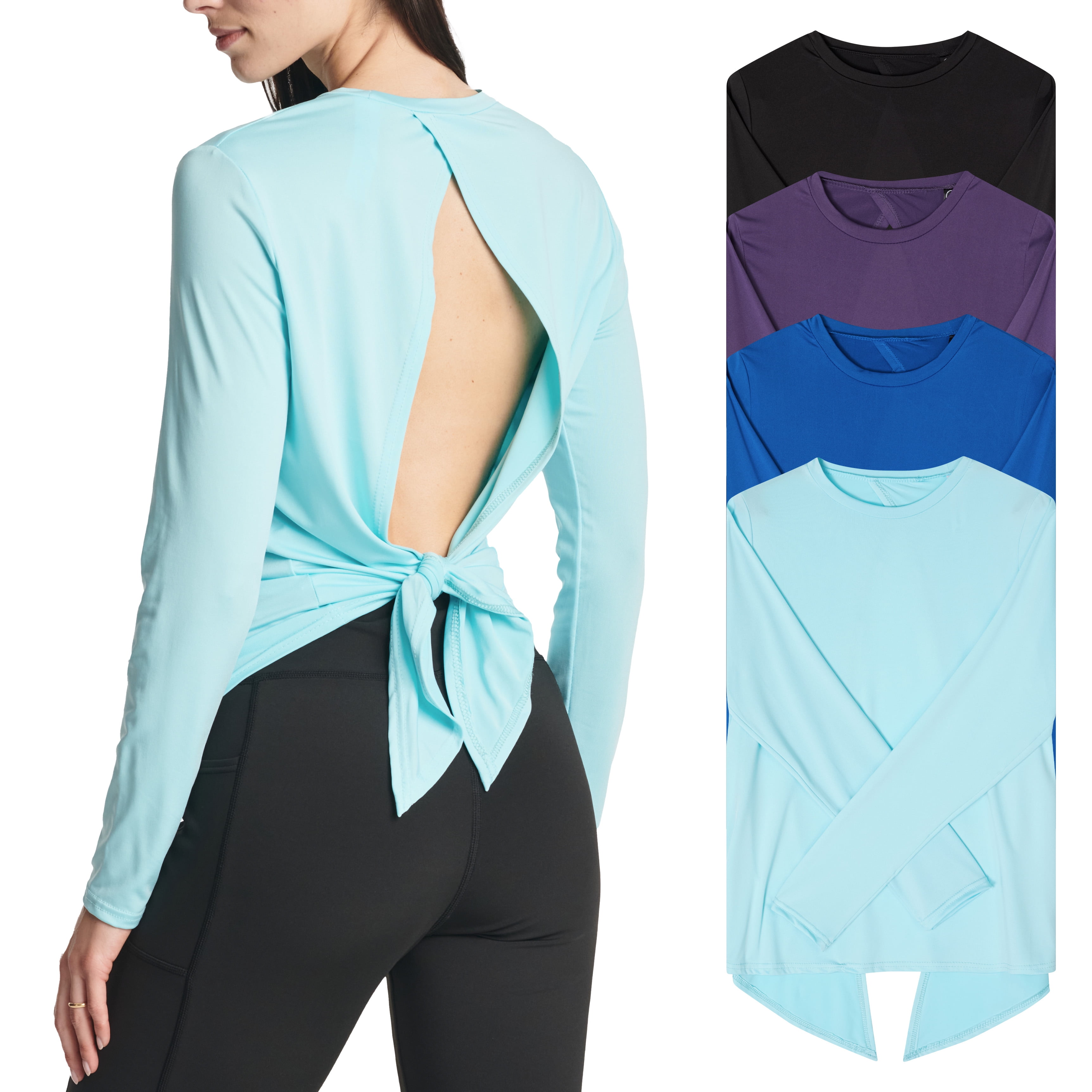 Real Essentials 4 Pack: Women's Dry-Fit Long-Sleeve Tie Back Open Back ...