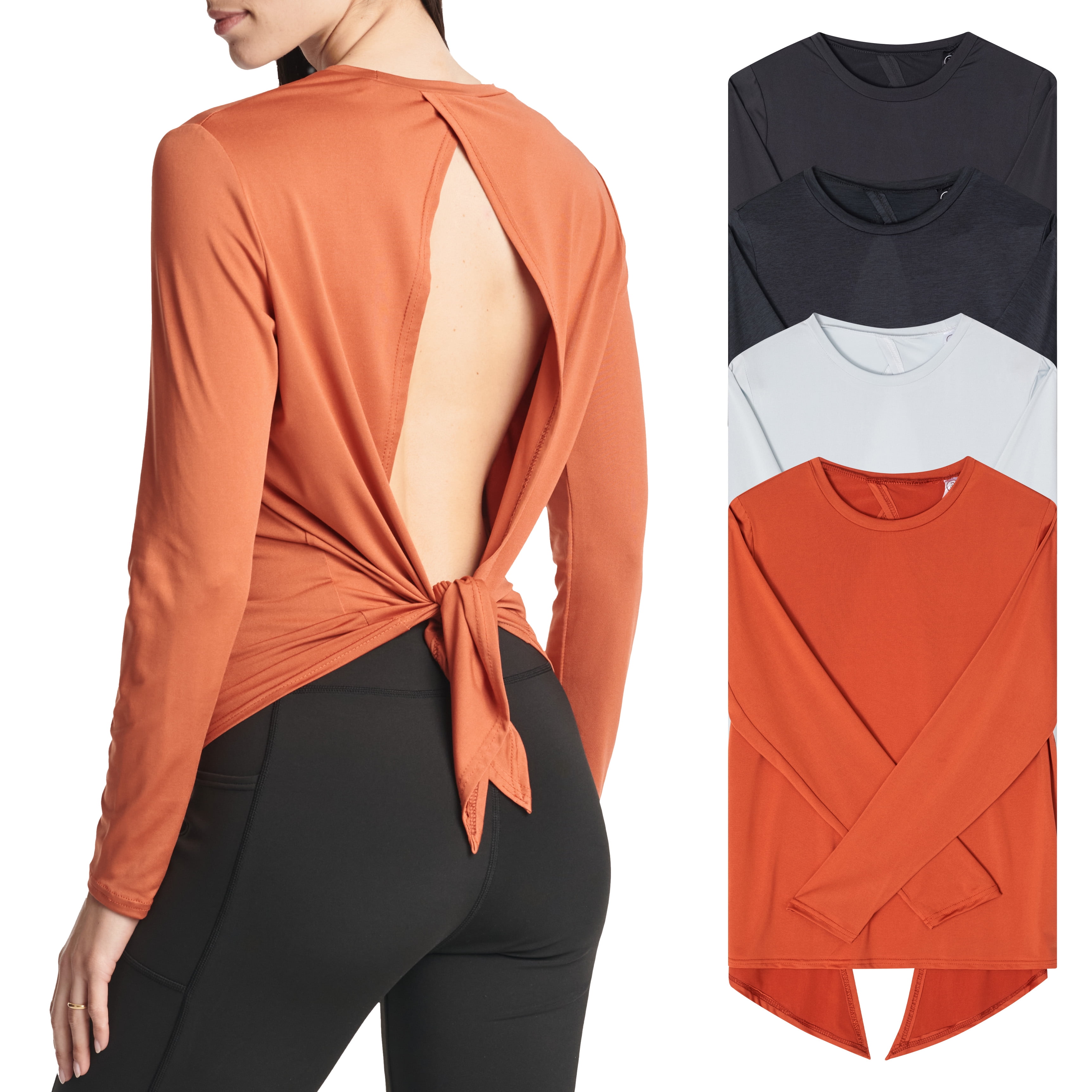 Real Essentials 4 Pack: Women's Dry-Fit Long-Sleeve Tie Back Open Back ...