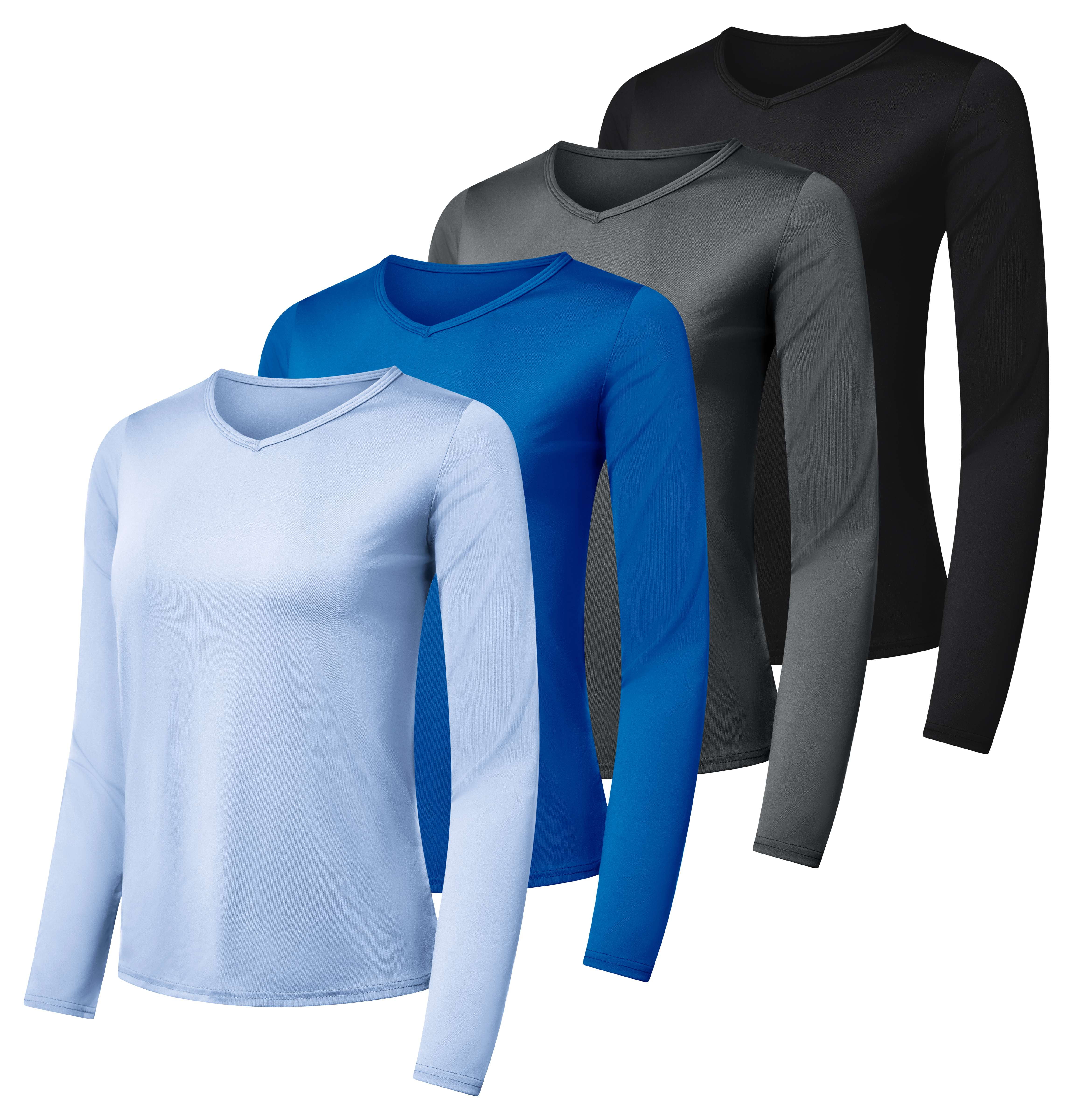 Real Essentials 4-Pack: Women's Dry-Fit Long-Sleeve V-Neck Athletic ...