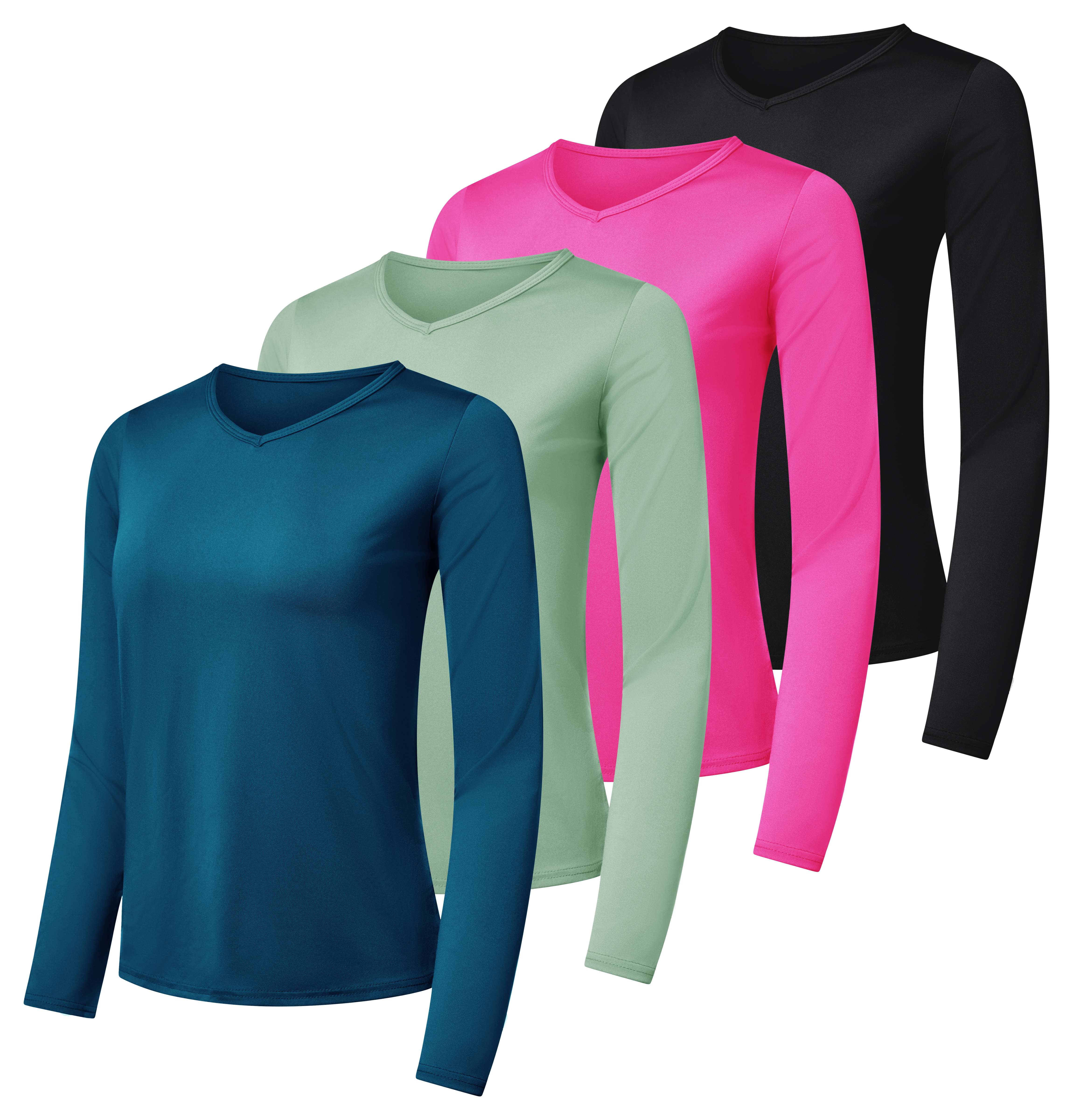 Real Essentials 4-Pack: Women's Dry-Fit Long-Sleeve V-Neck Athletic ...