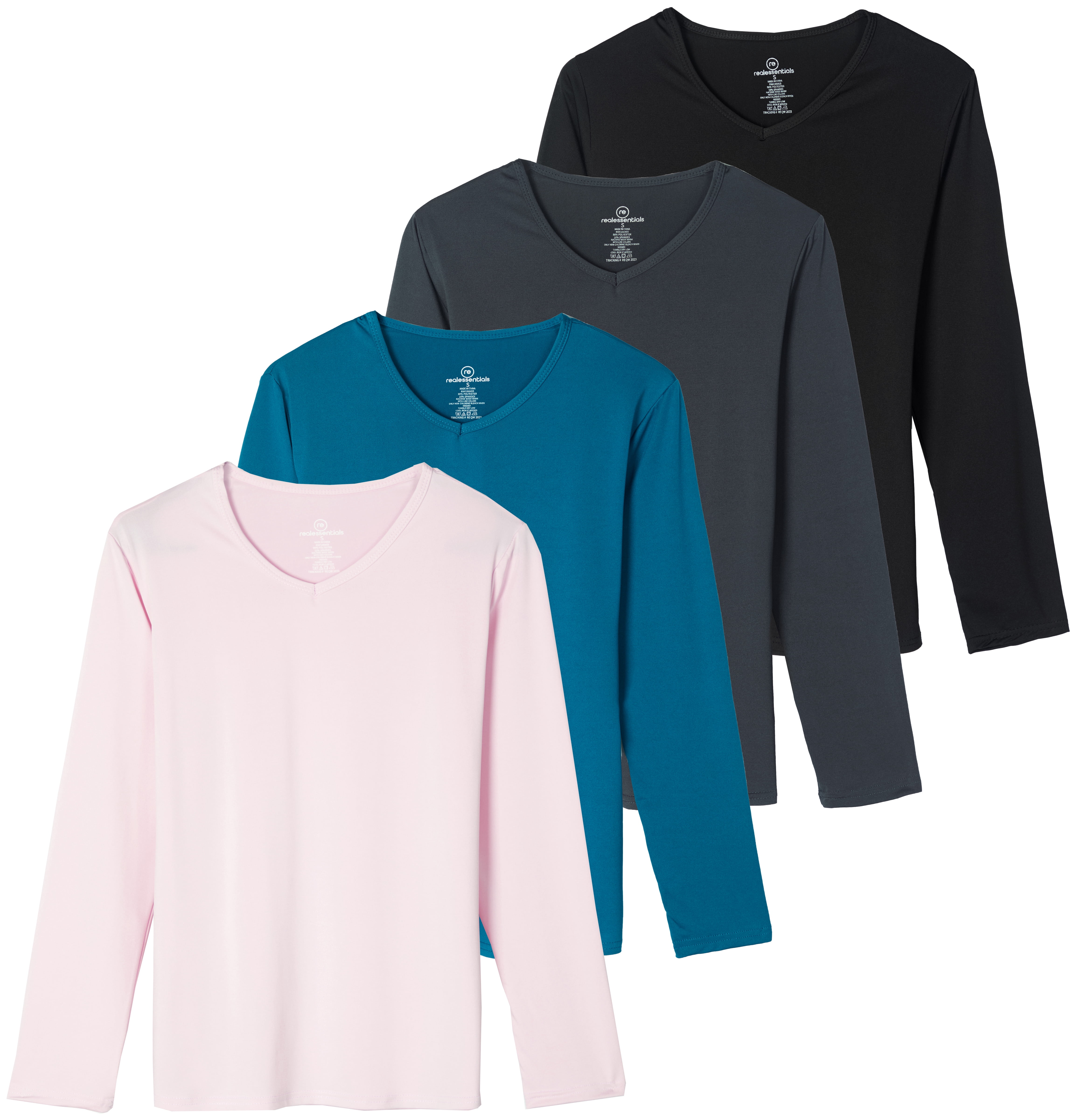 Real Essentials 4-Pack: Women's Dry-Fit Long-Sleeve V-Neck Athletic ...