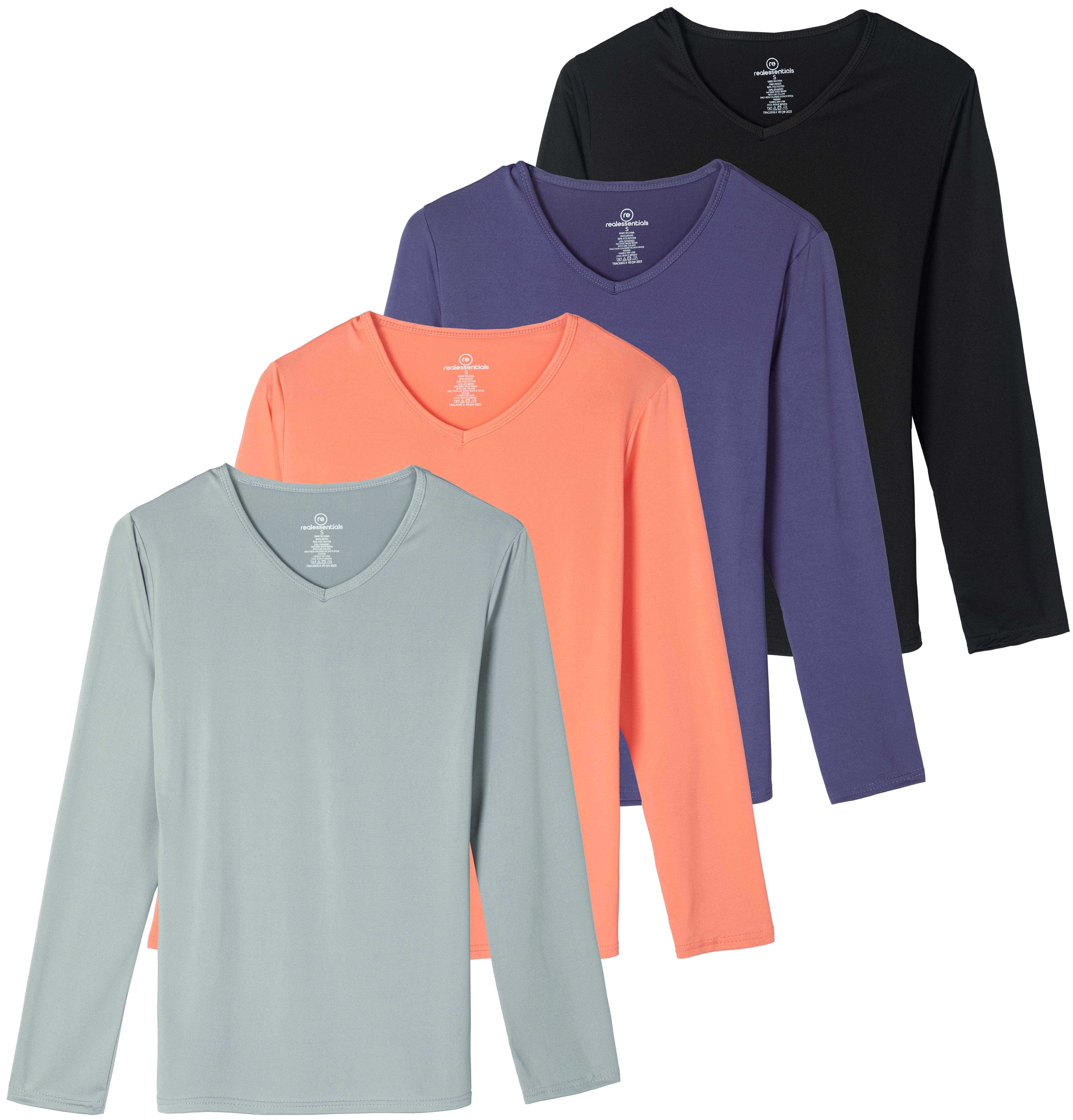 Real Essentials 4-Pack: Women's Dry-Fit Long-Sleeve V-Neck Athletic ...
