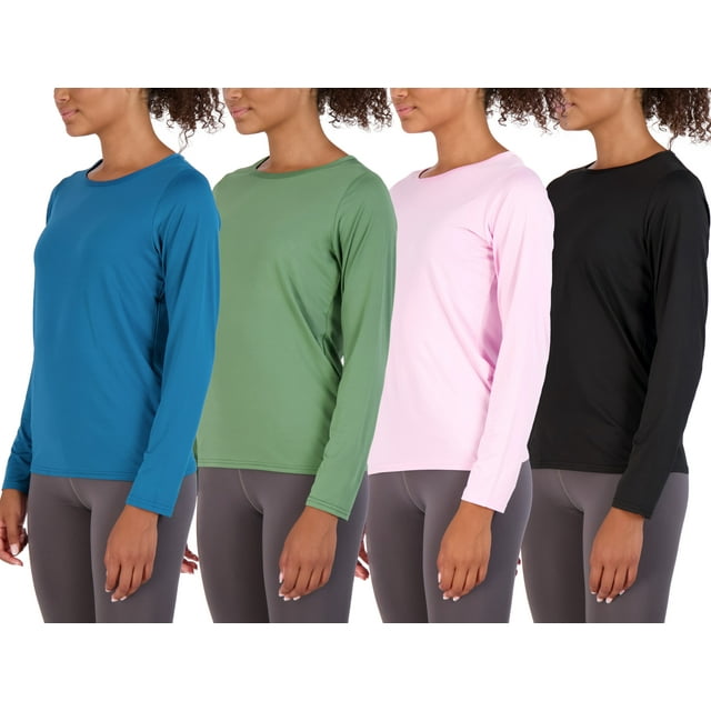 Real Essentials 4 Pack: Women's Dry-Fit Tech Stretch Long-Sleeve Athletic Workout T-Shirt ...