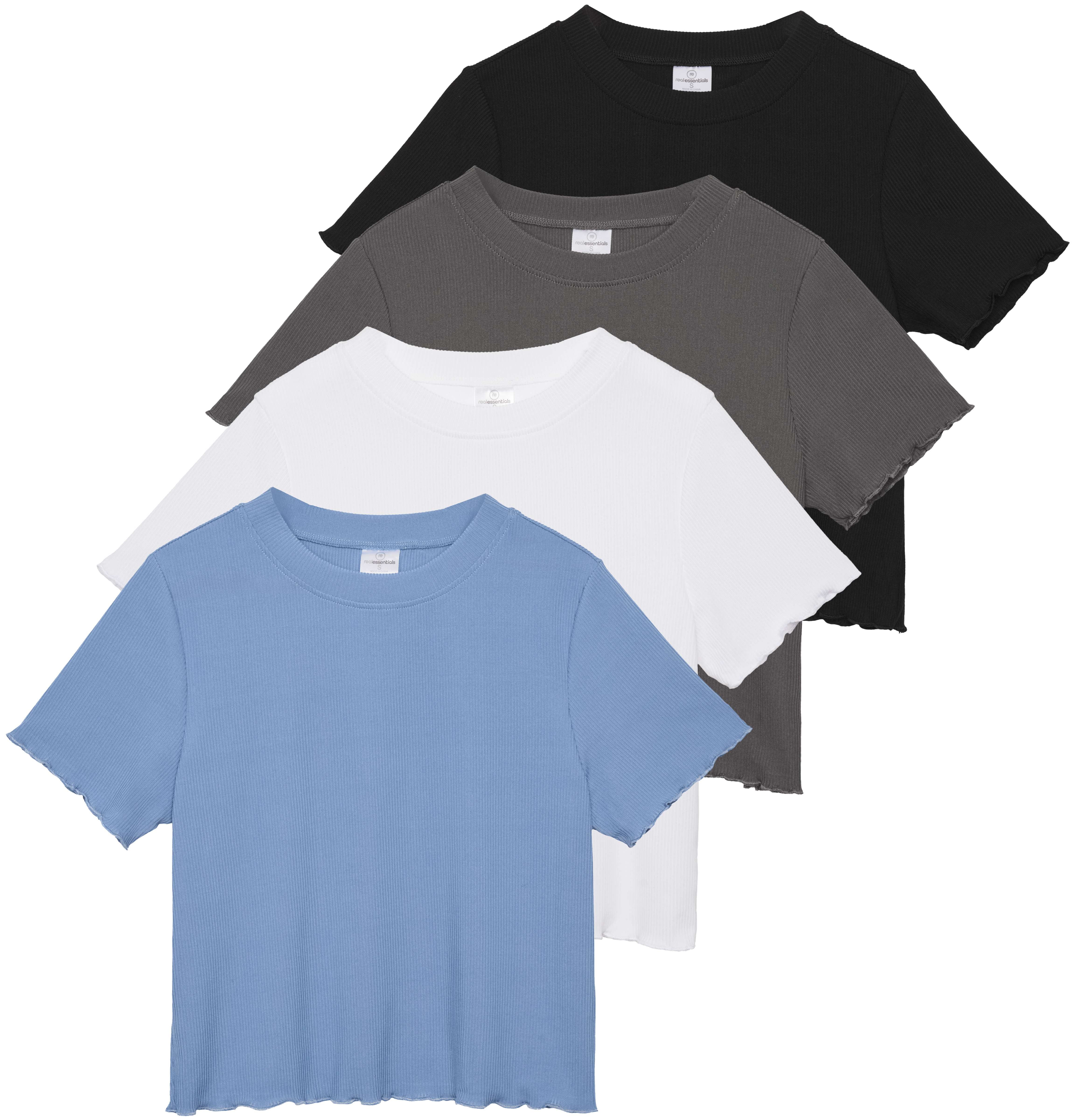 Real Essentials 4 Pack:Women's Lettuce Trim Ribbed Knit Short Sleeve ...
