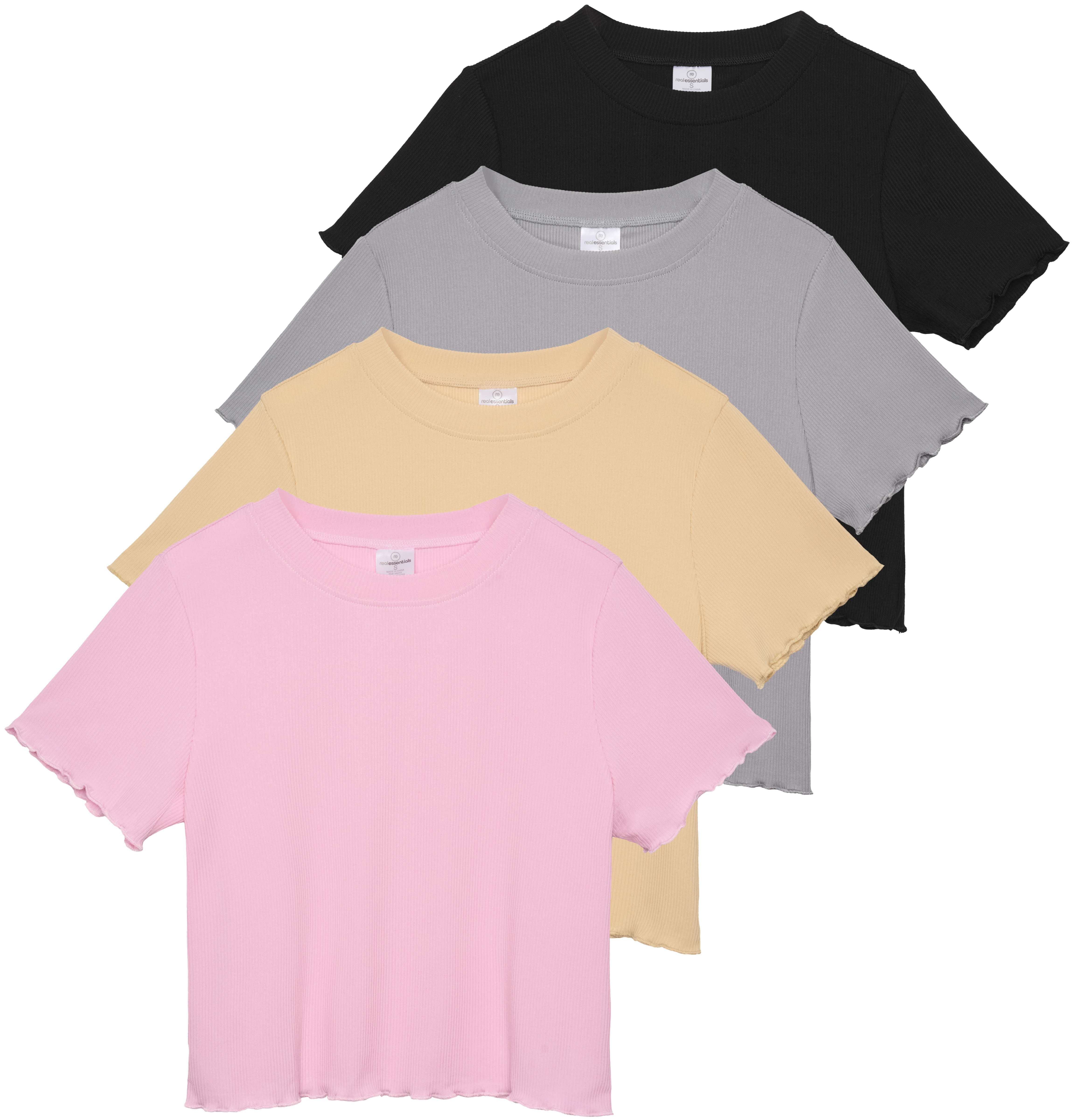 Real Essentials 4 Pack:Women's Lettuce Trim Ribbed Knit Short Sleeve ...