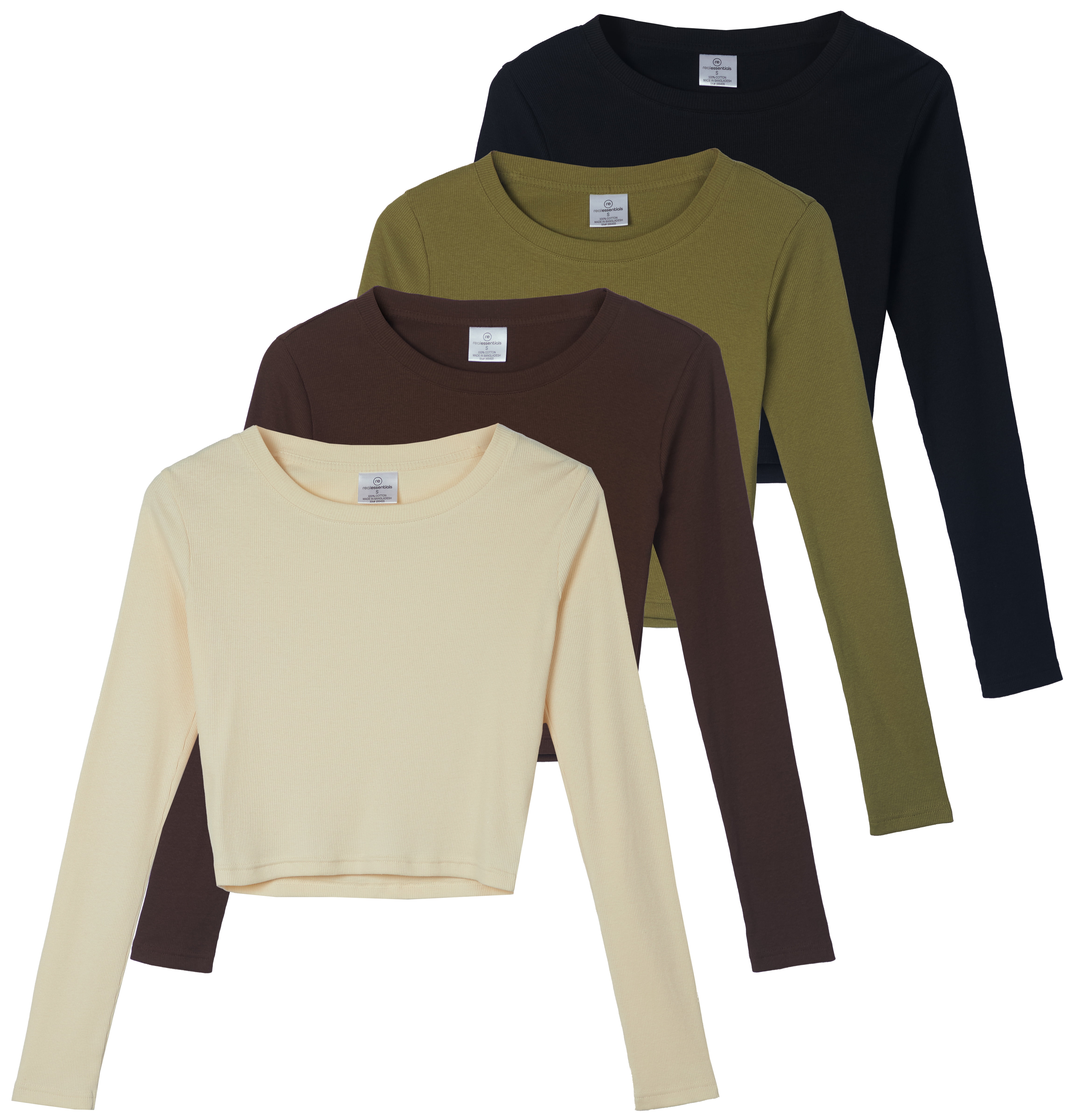 Real Essentials 4-Pack: Women's Long Sleeve Ribbed Knit Cotton Crew ...