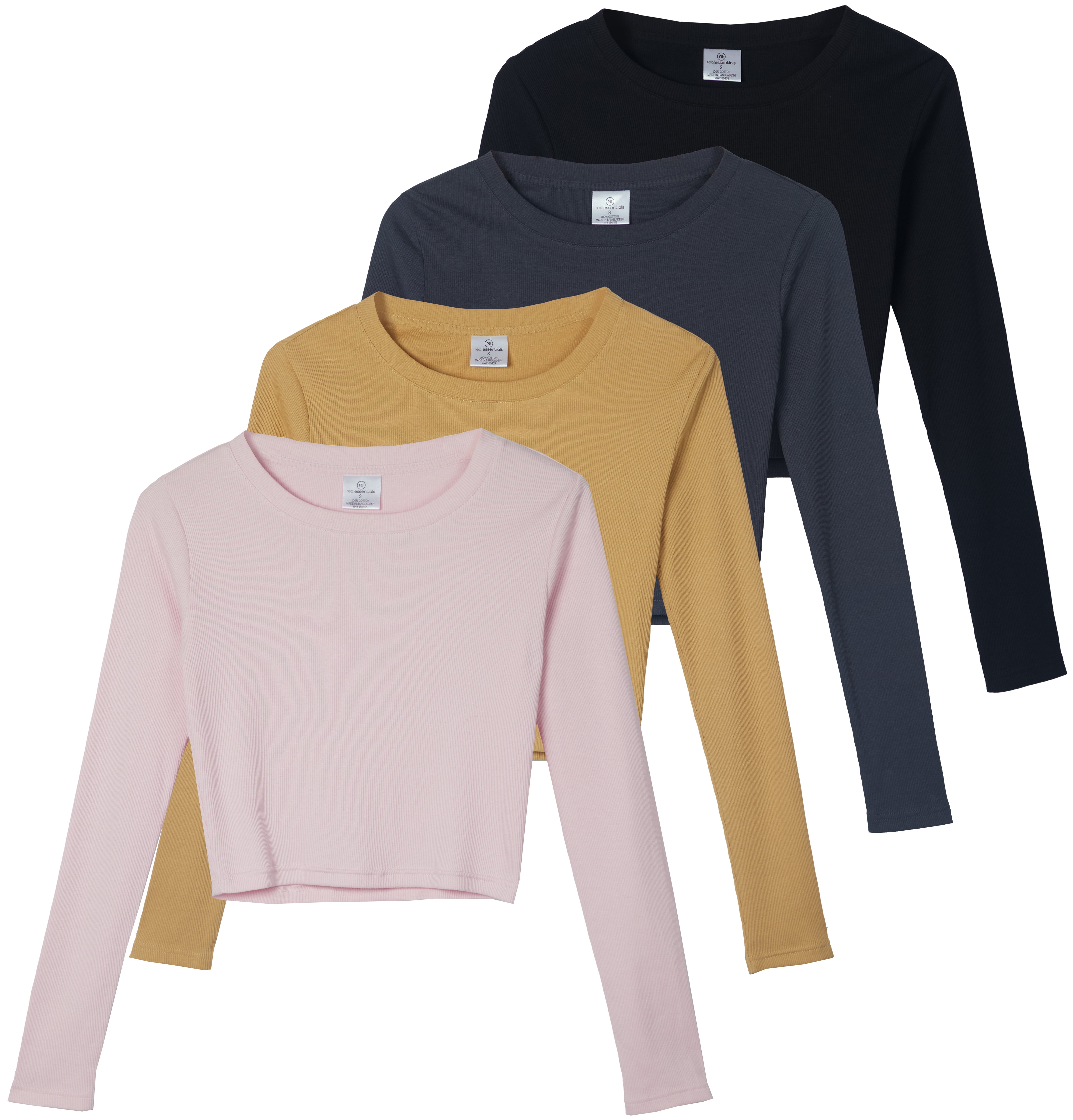 Real Essentials 4-Pack: Women's Long Sleeve Ribbed Knit Cotton Crew ...