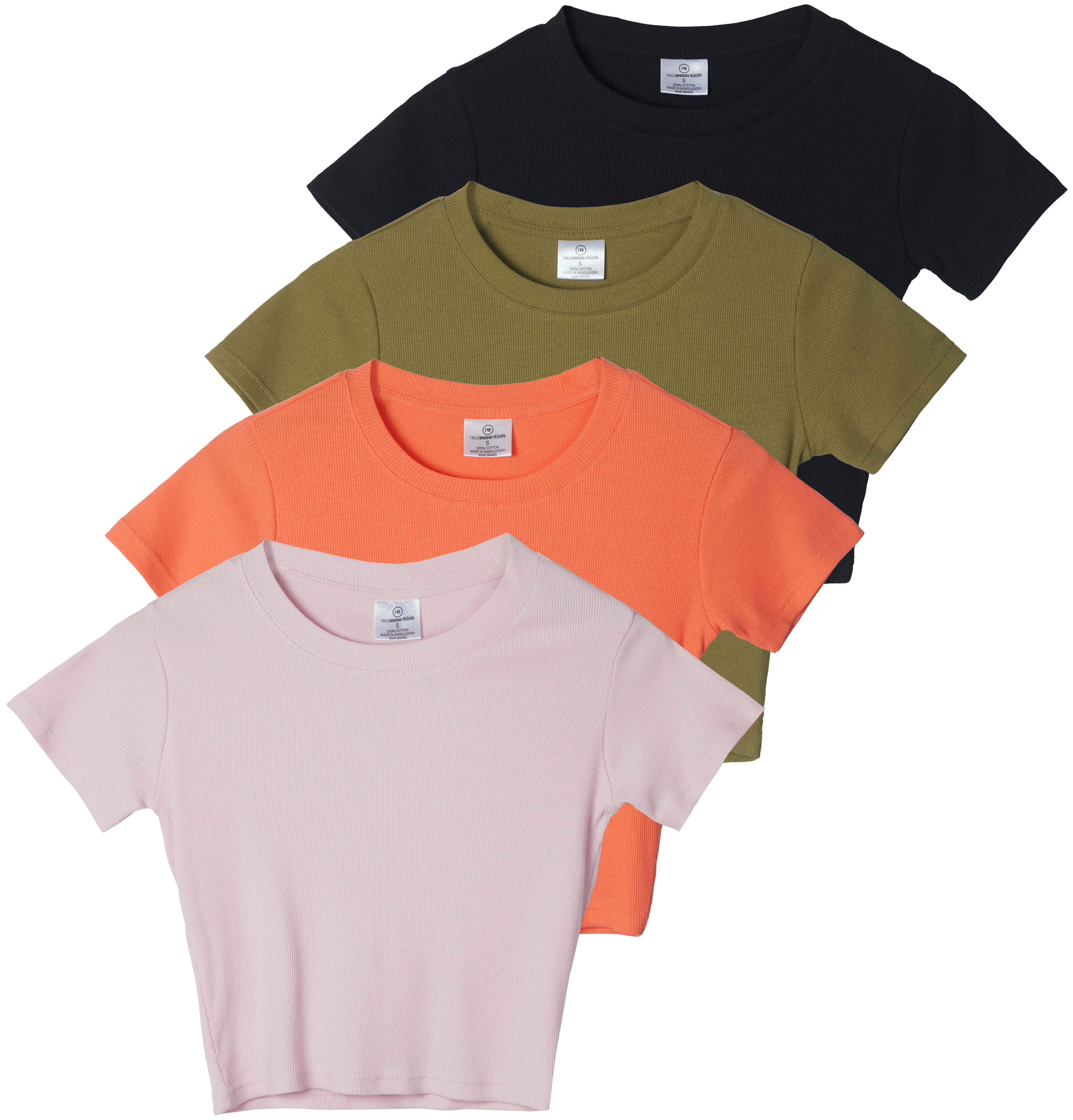 Real Essentials 4-Pack: Women's Short Sleeve Ribbed Knit Cotton Crew ...