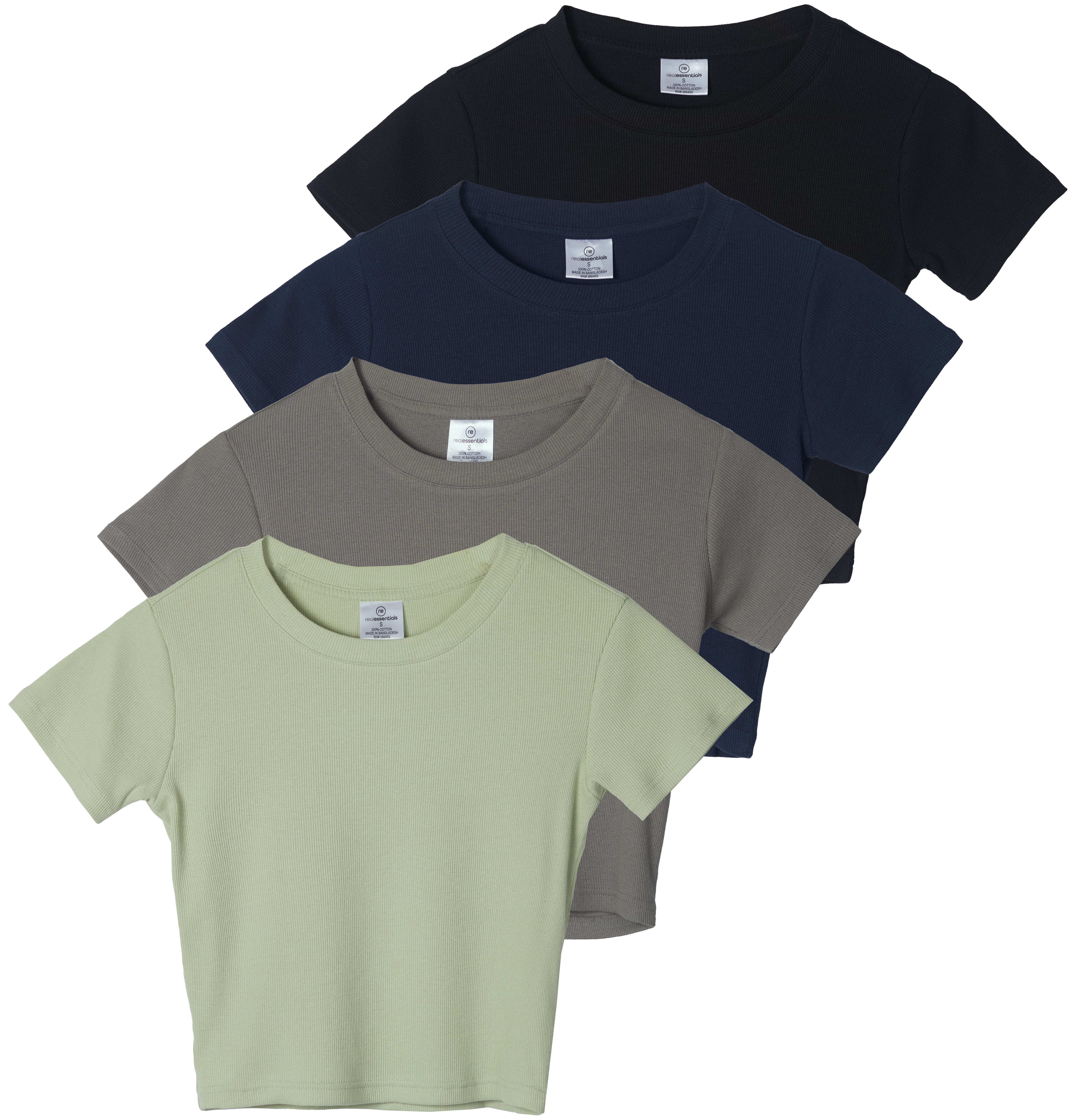 Real Essentials 4-Pack: Women's Short Sleeve Ribbed Knit Cotton Crew ...