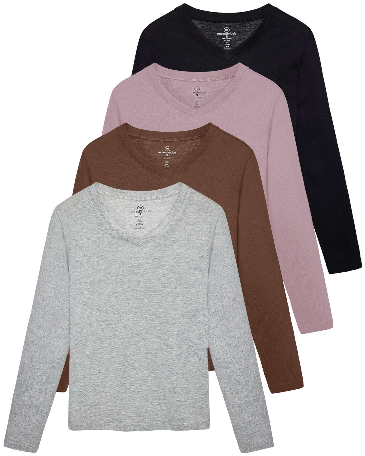 Real Essentials 4 Pack: Women's V-Neck Cotton Long-Sleeve T-Shirt ...