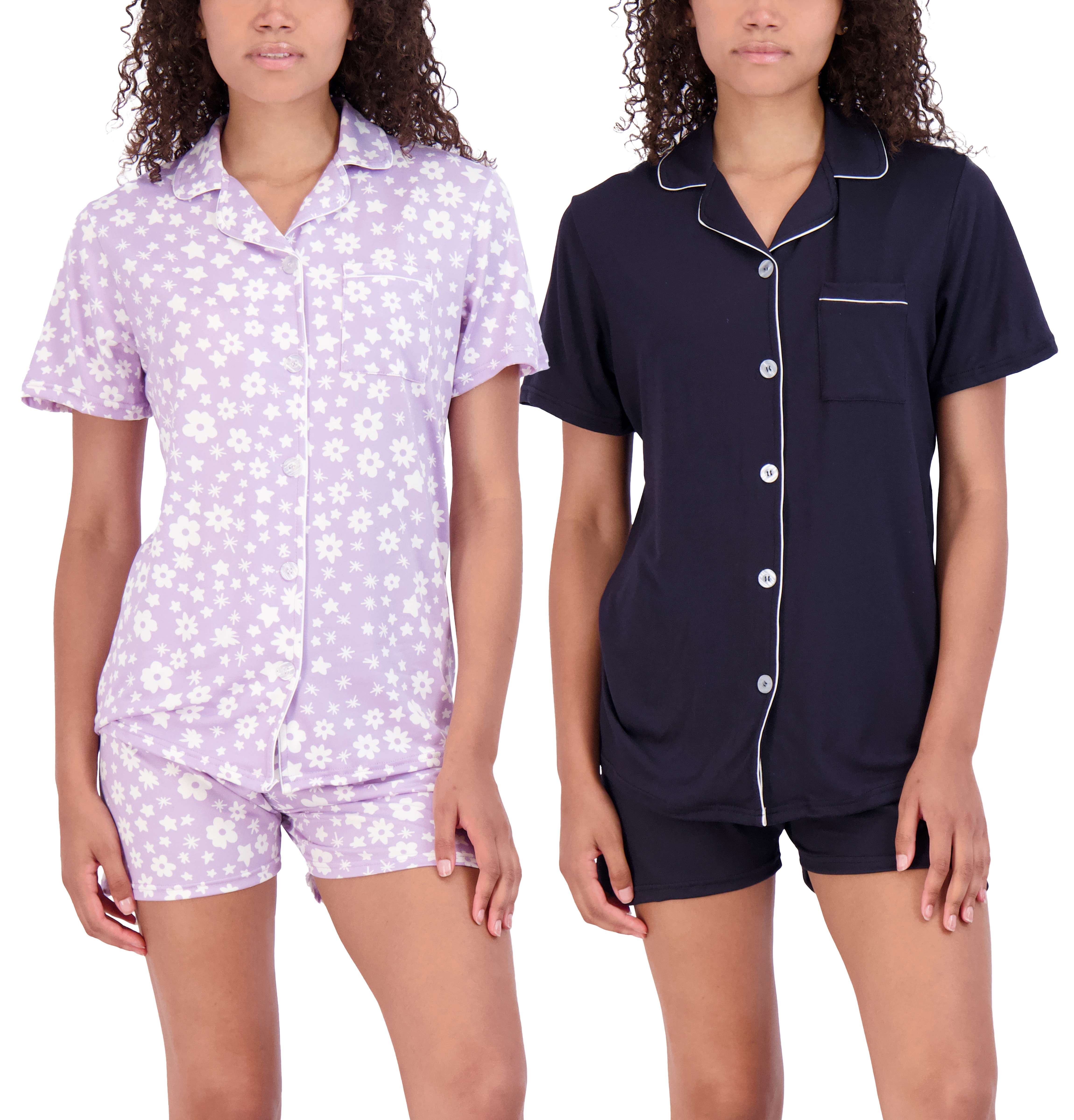 Real Essentials 4 Piece: Womens Long & Short Sleeve Button Down Pajama ...