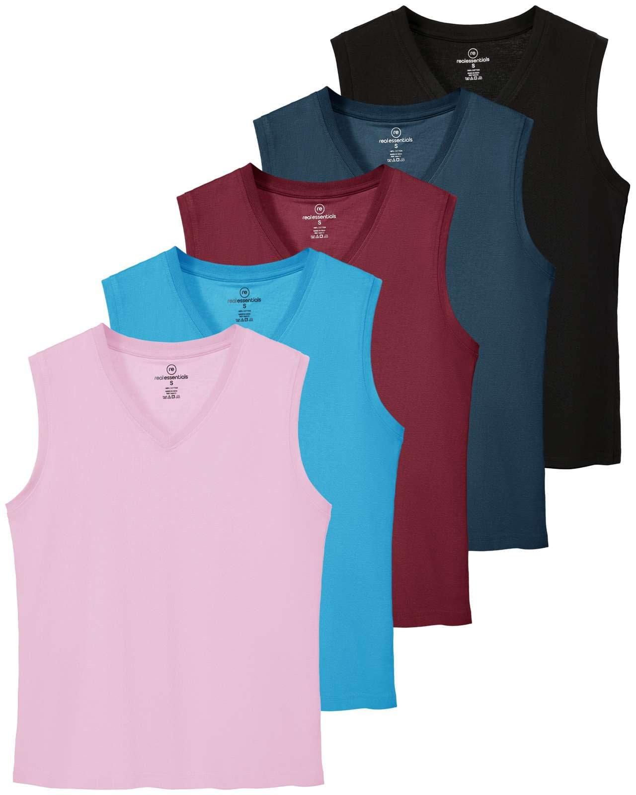 Real Essentials 5 Pack: Women's 100% Cotton V-Neck Sleeveless Tank Top ...