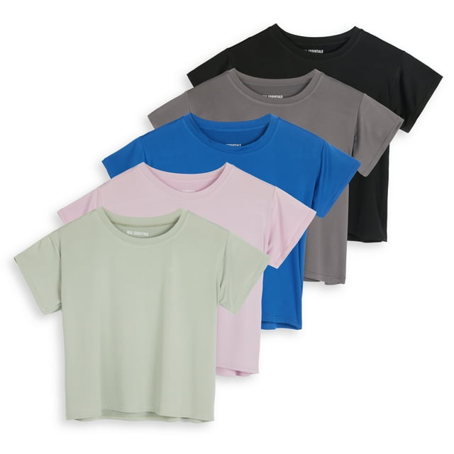 Real Essentials 5 Pack: Women's Dry Fit Crop Top - Short Sleeve Crew ...