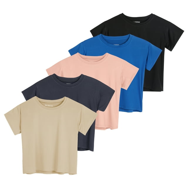 Real Essentials 5 Pack: Women's Dry Fit Crop Top - Short Sleeve Crew ...
