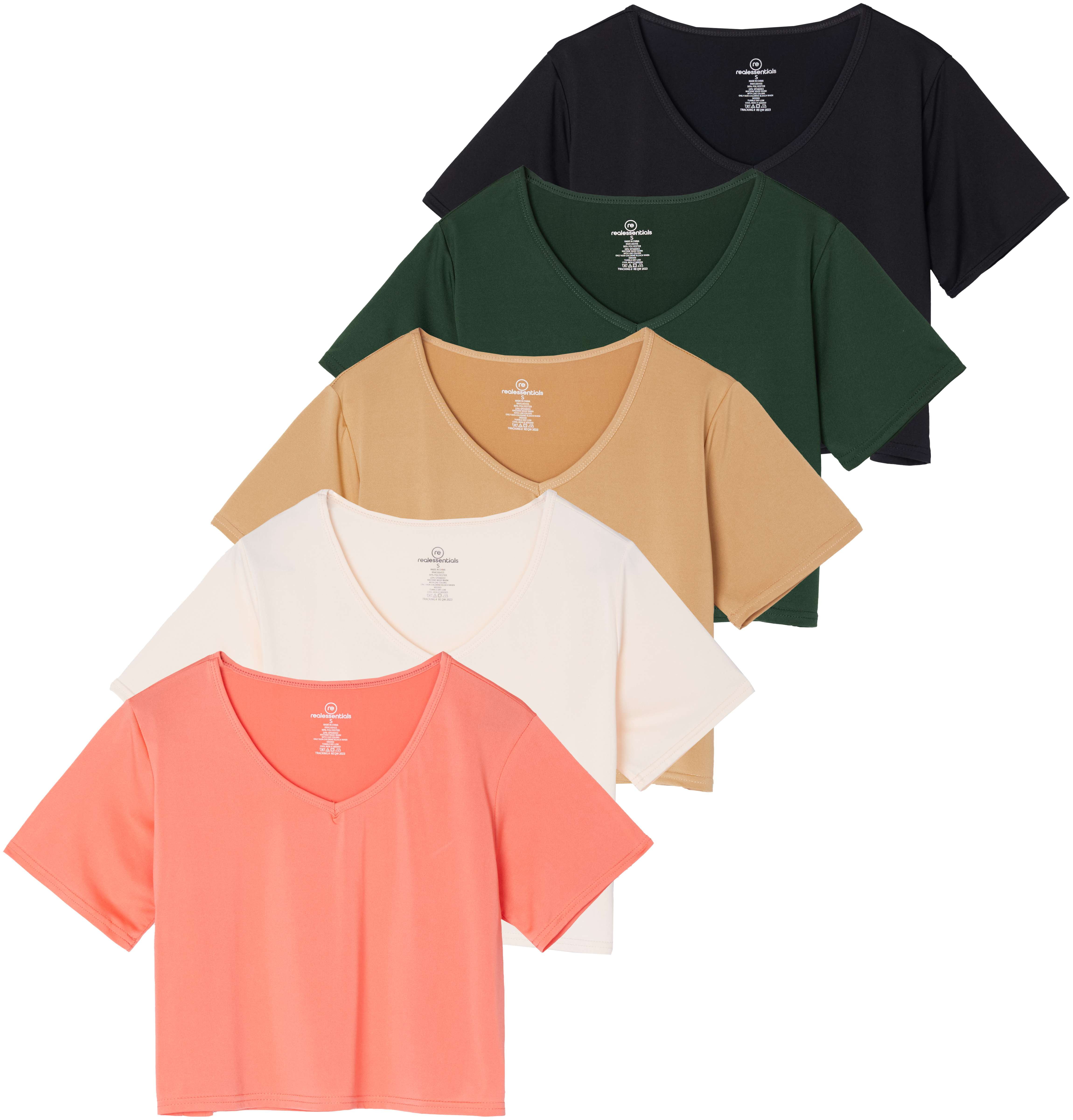 Real Essentials 5 Pack: Women's Dry-Fit Short Sleeve V-Neck Crop Top ...