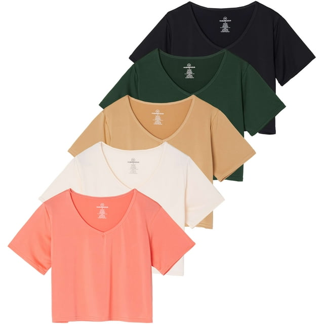 Real Essentials 5 Pack: Women's Dry-Fit Short Sleeve V-Neck Crop Top ...