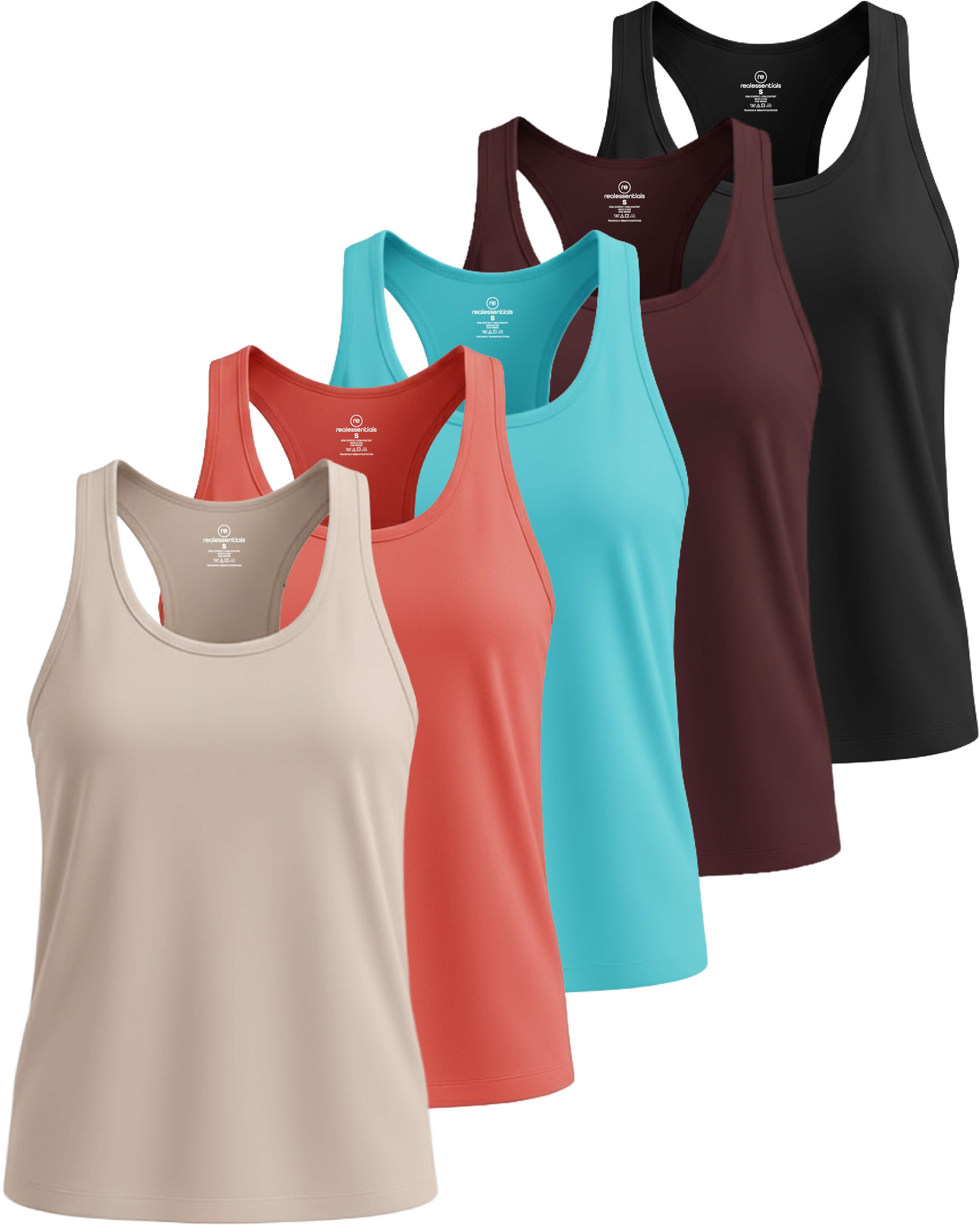 Real Essentials 5 Pack: Women's Dry Fit Tank Top - Racerback Sleeveless ...