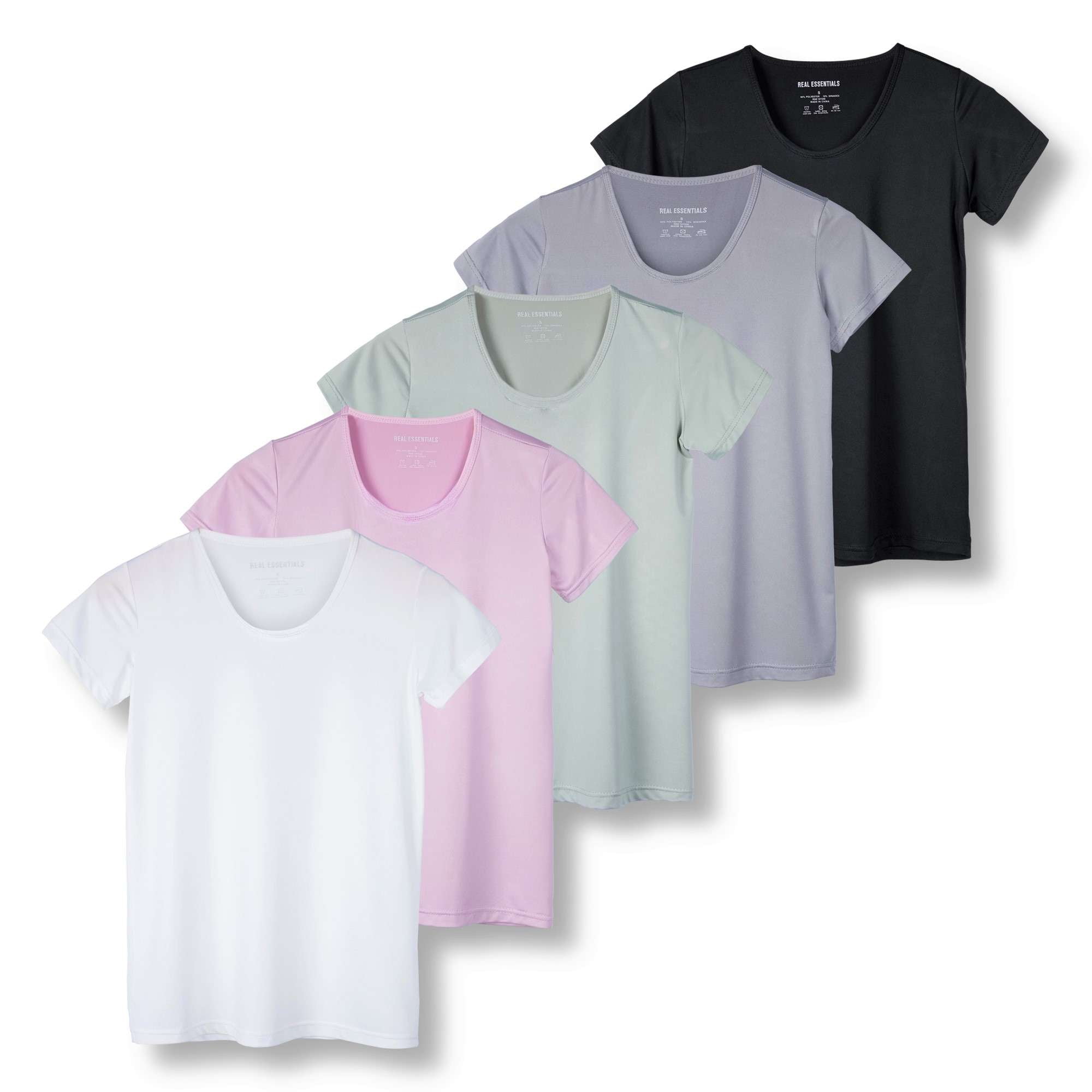 Real Essentials 5 Pack: Women's Dry Fit Tech Stretch Short-Sleeve Crew ...