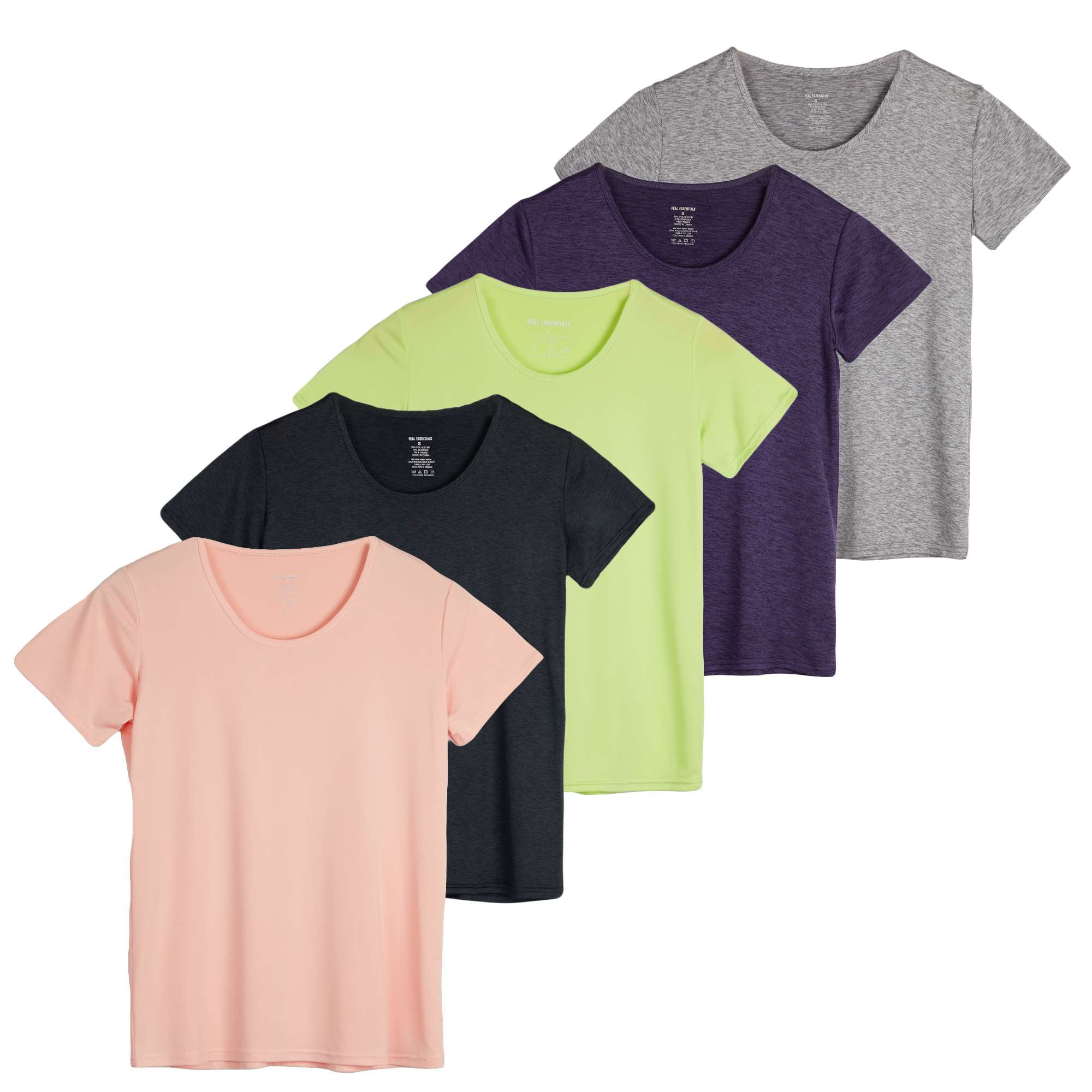 Real Essentials 5 Pack: Women's Dry Fit Tech Stretch Short-Sleeve Crew ...