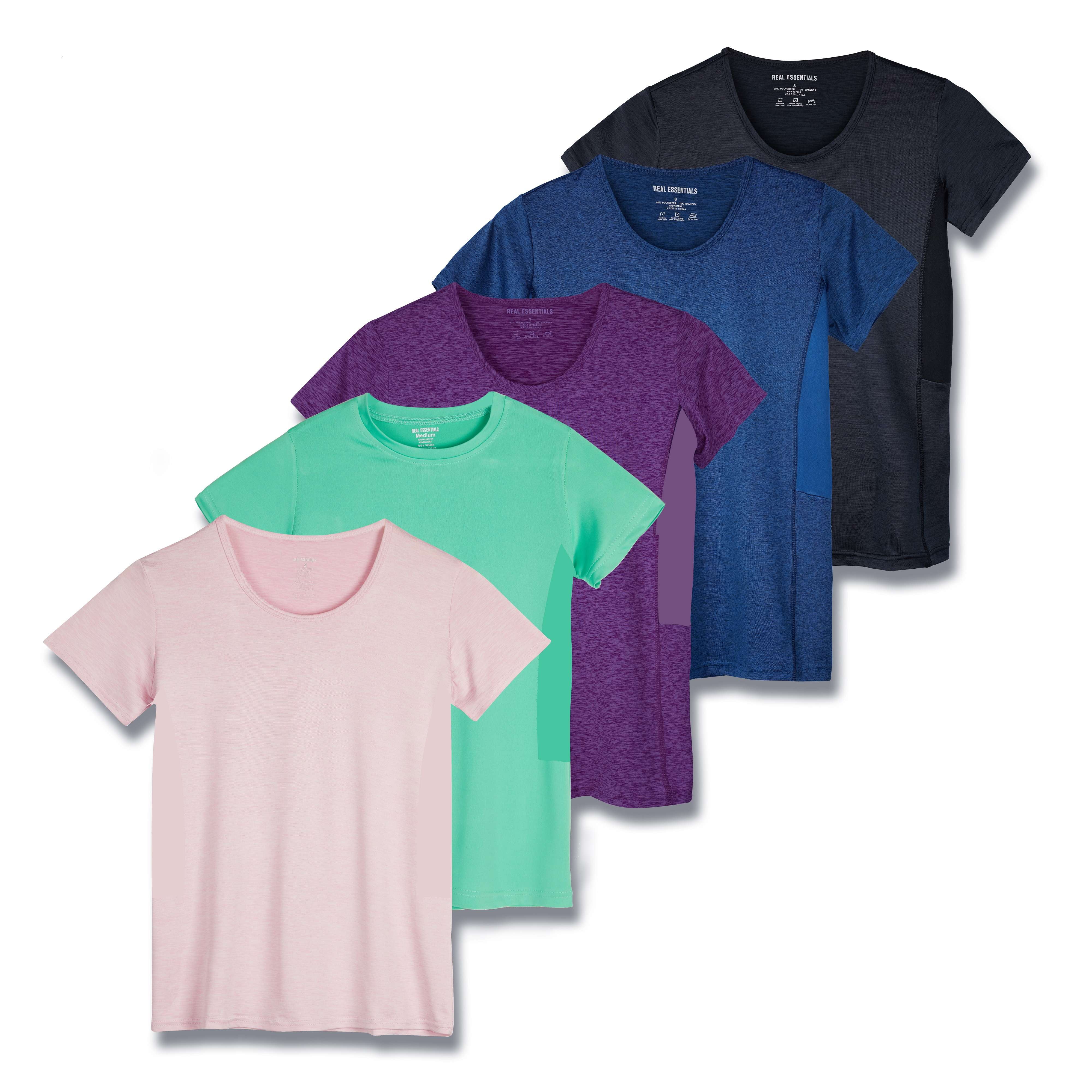 Real Essentials 5 Pack: Women's Dry Fit Tech Stretch Short-Sleeve Crew ...