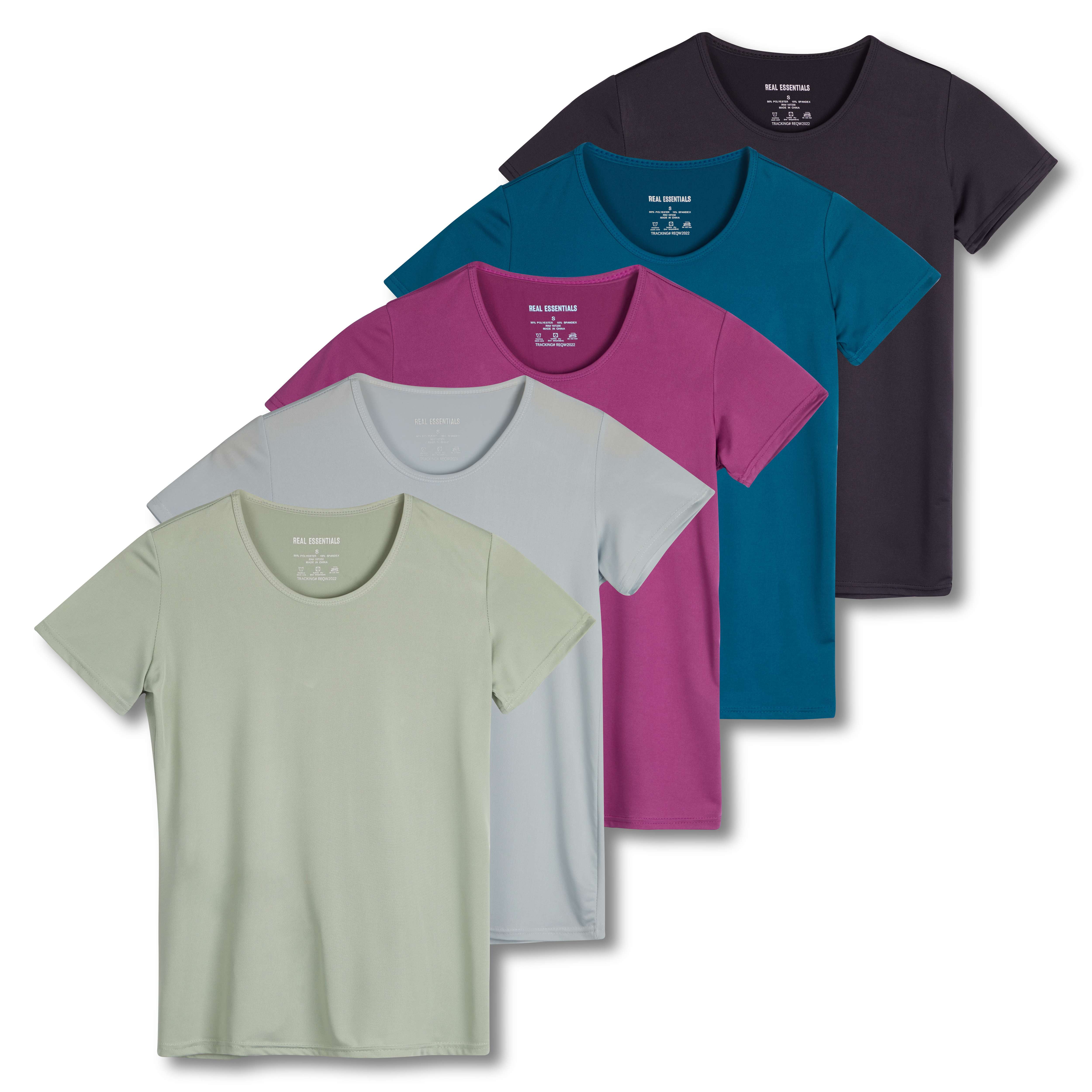 Real Essentials 5 Pack: Women's Dry Fit Tech Stretch Short-Sleeve Crew ...