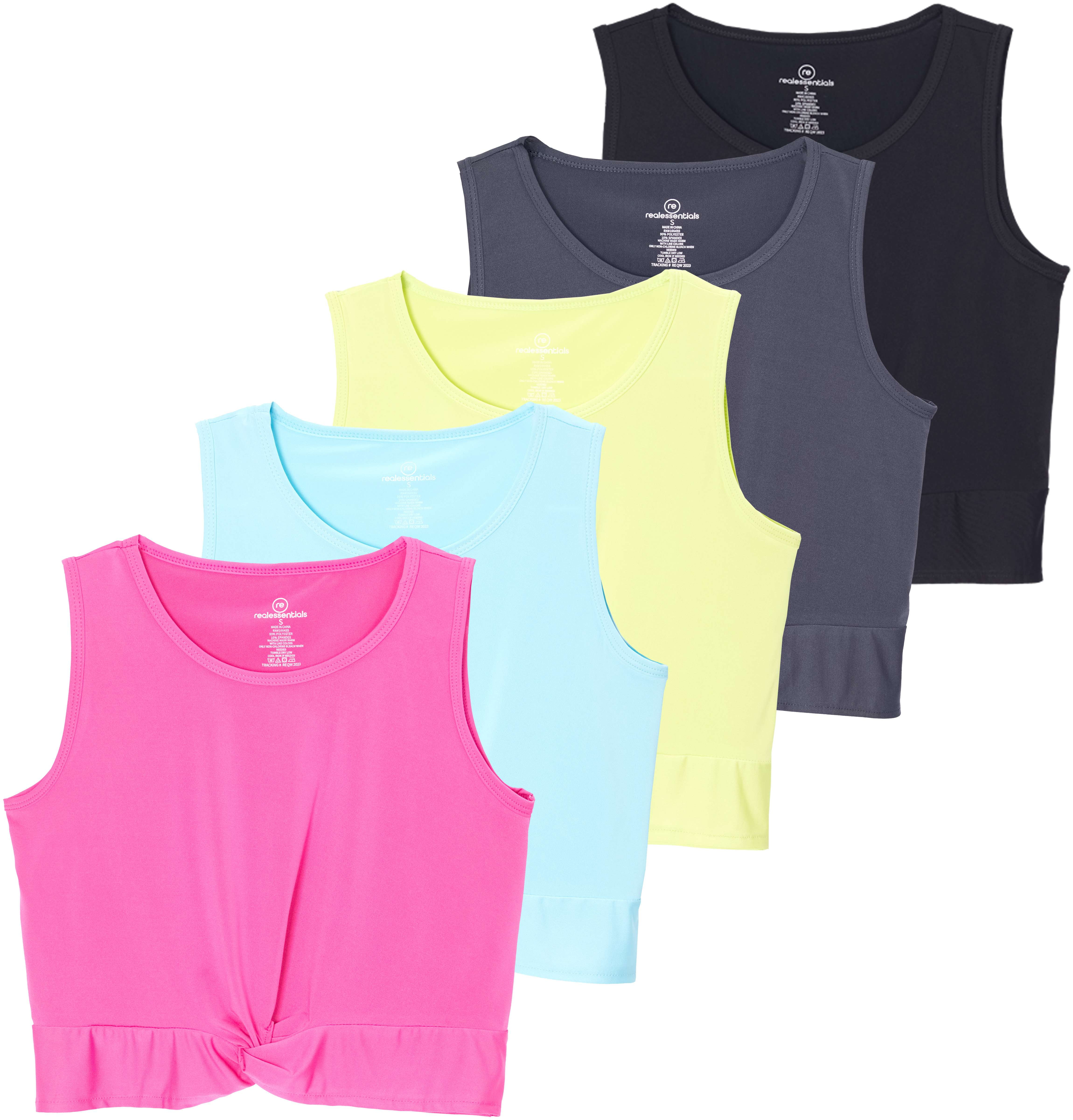 Real Essentials 5 Pack: Women's Dry-Fit Twist Front Knot Sleeveless ...