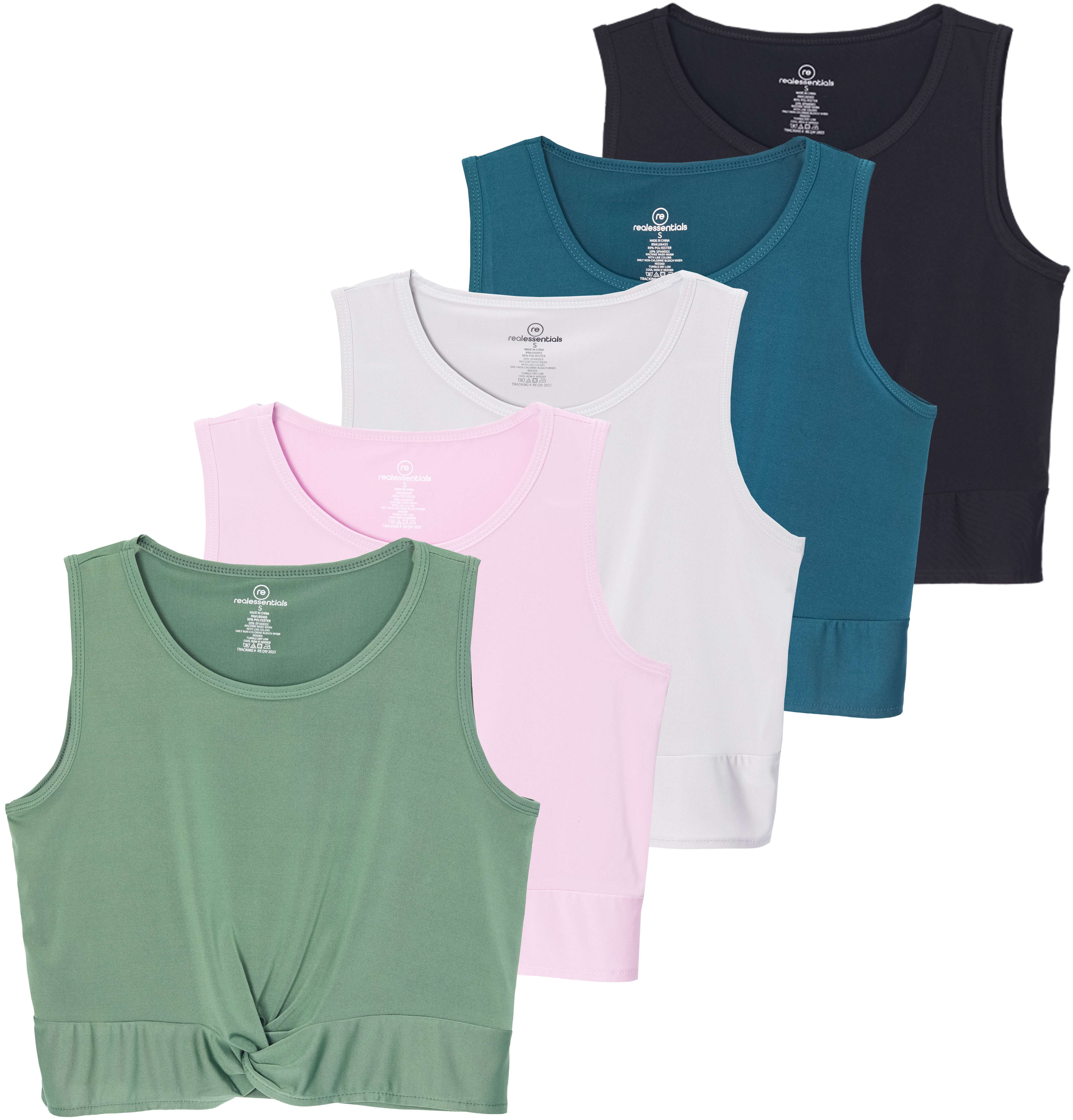 Real Essentials 5 Pack: Women's Dry-Fit Twist Front Knot Sleeveless ...