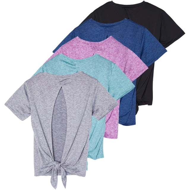Real Essentials 5 Pack: Women's Short Sleeve Open Back Tie Back Dry-Fit ...