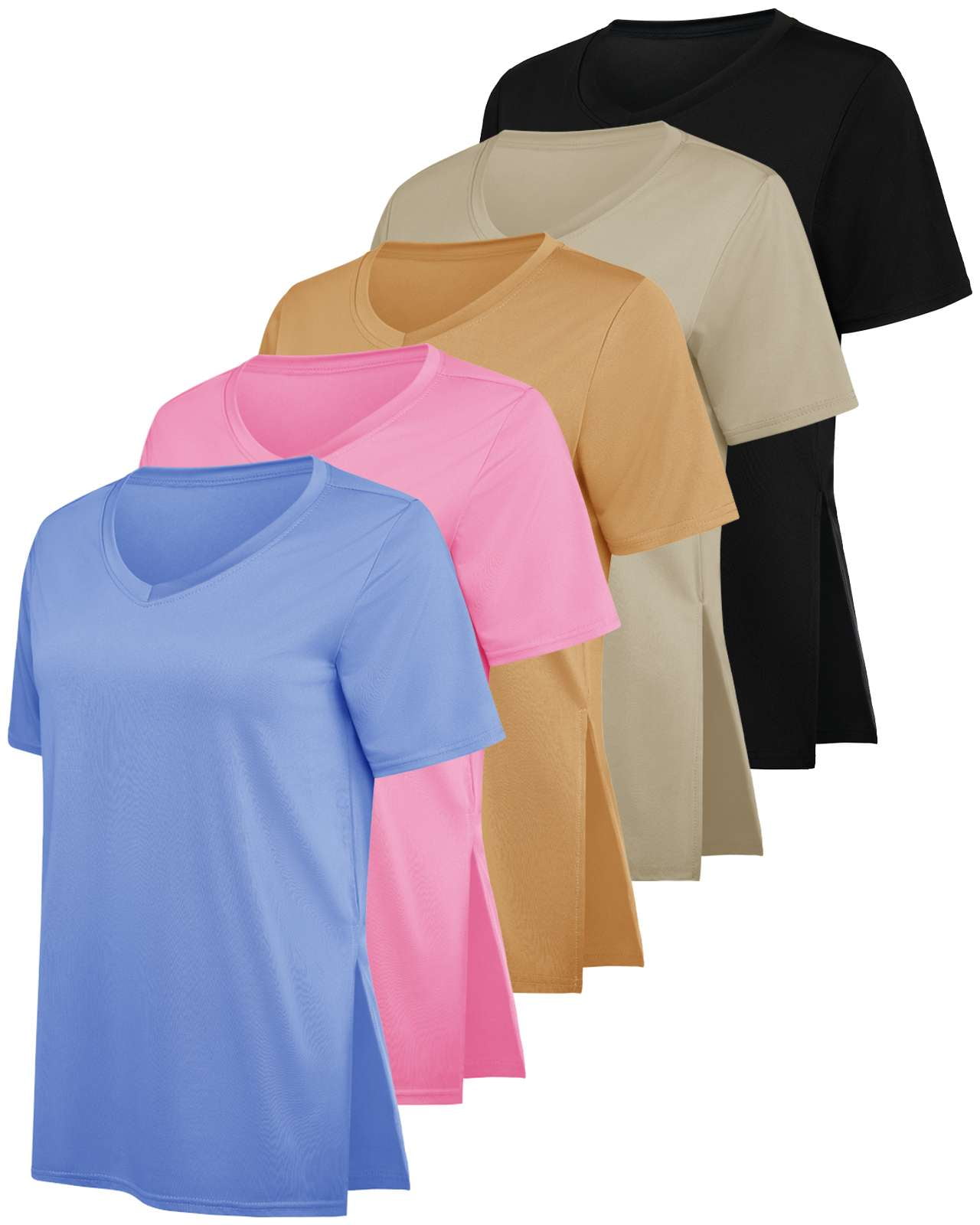 Real Essentials 5 Pack: Women's Short Sleeve Split Hem V-Neck T-Shirts ...