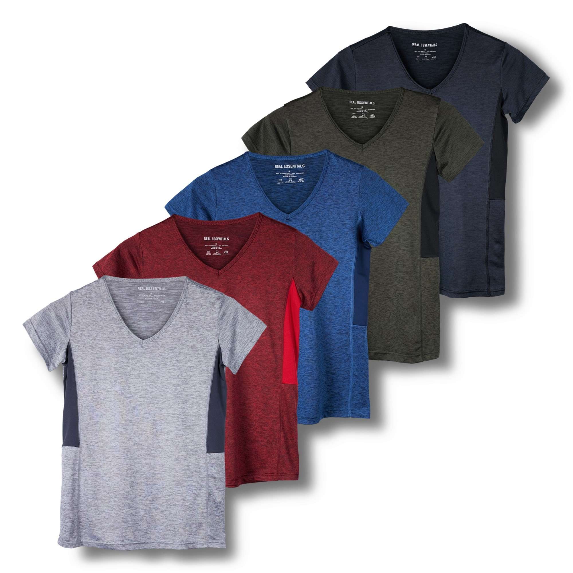 Real Essentials 5 Pack: Women's Short Sleeve V-Neck Activewear T-Shirt ...