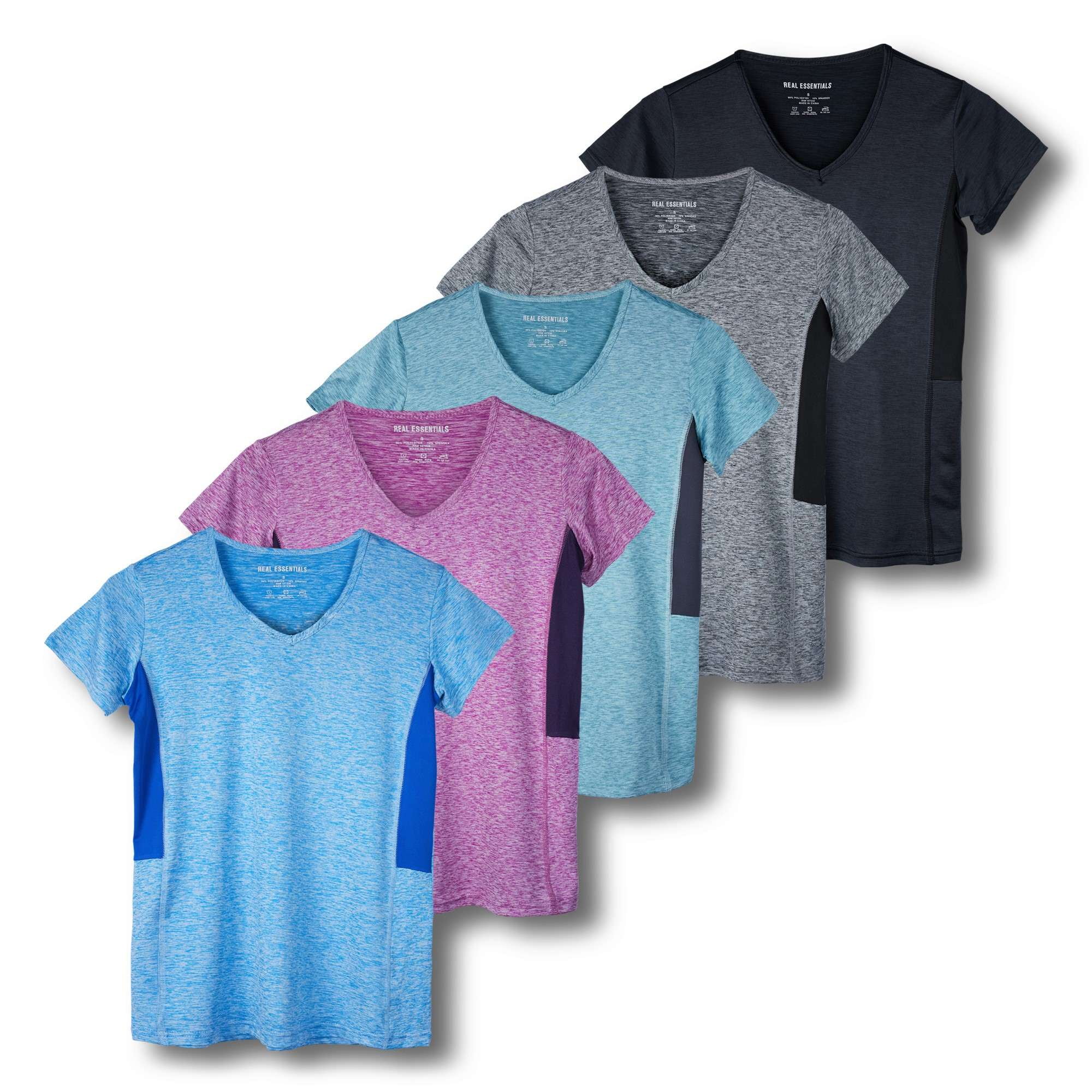 Real Essentials 5 Pack: Women's Short Sleeve V-Neck Activewear T-Shirt ...