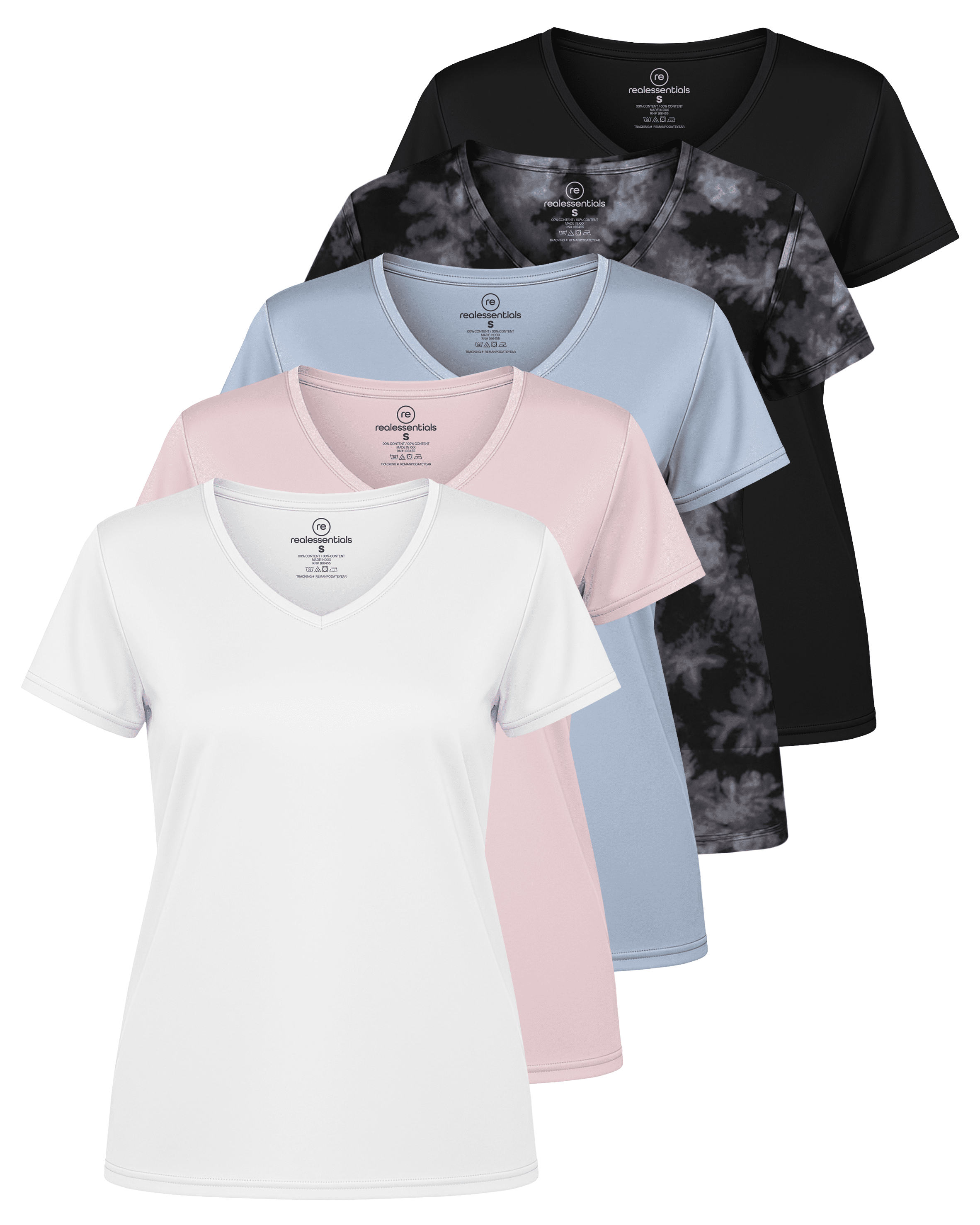 Real Essentials 5 Pack: Women's Dry Fit Short Sleeve V Neck Workout Top ...