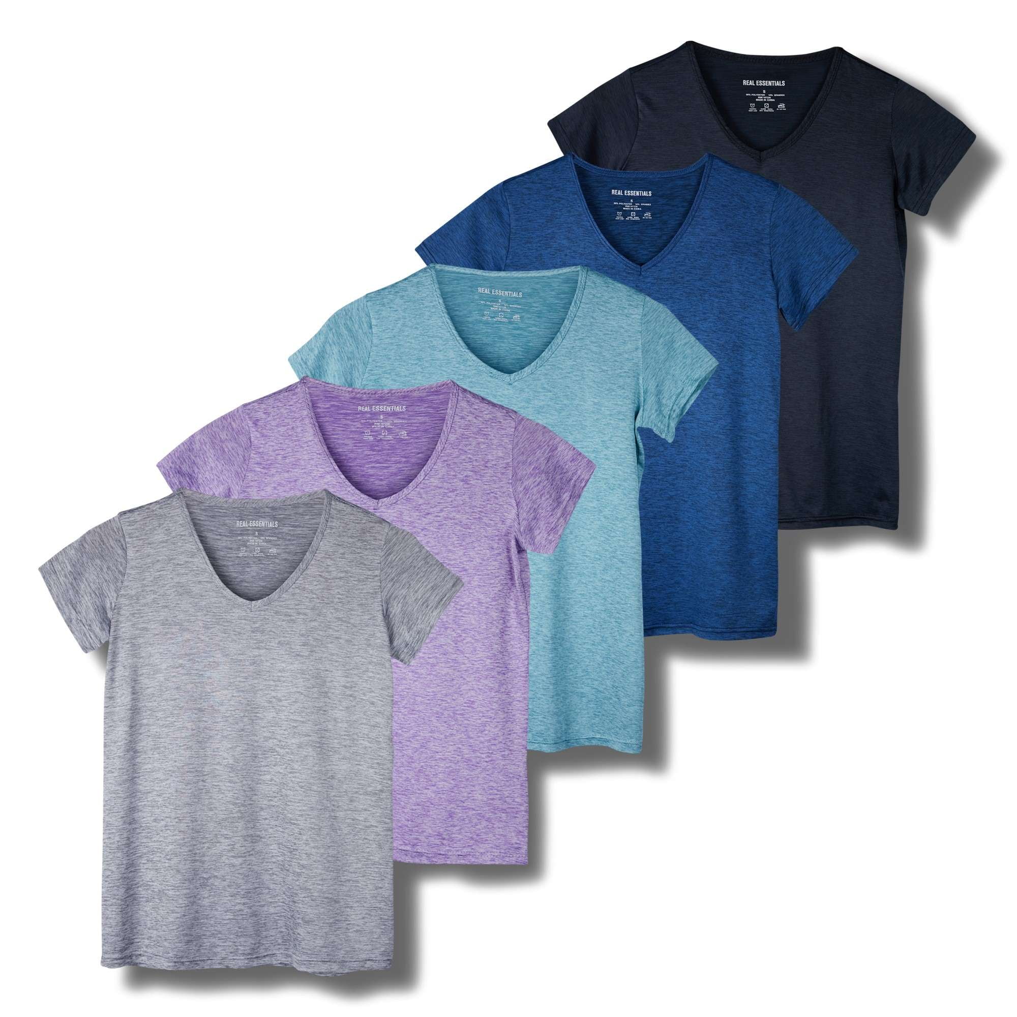Real Essentials Women's 5 Pack Short Sleeve V-Neck Activewear T-Shirt ...